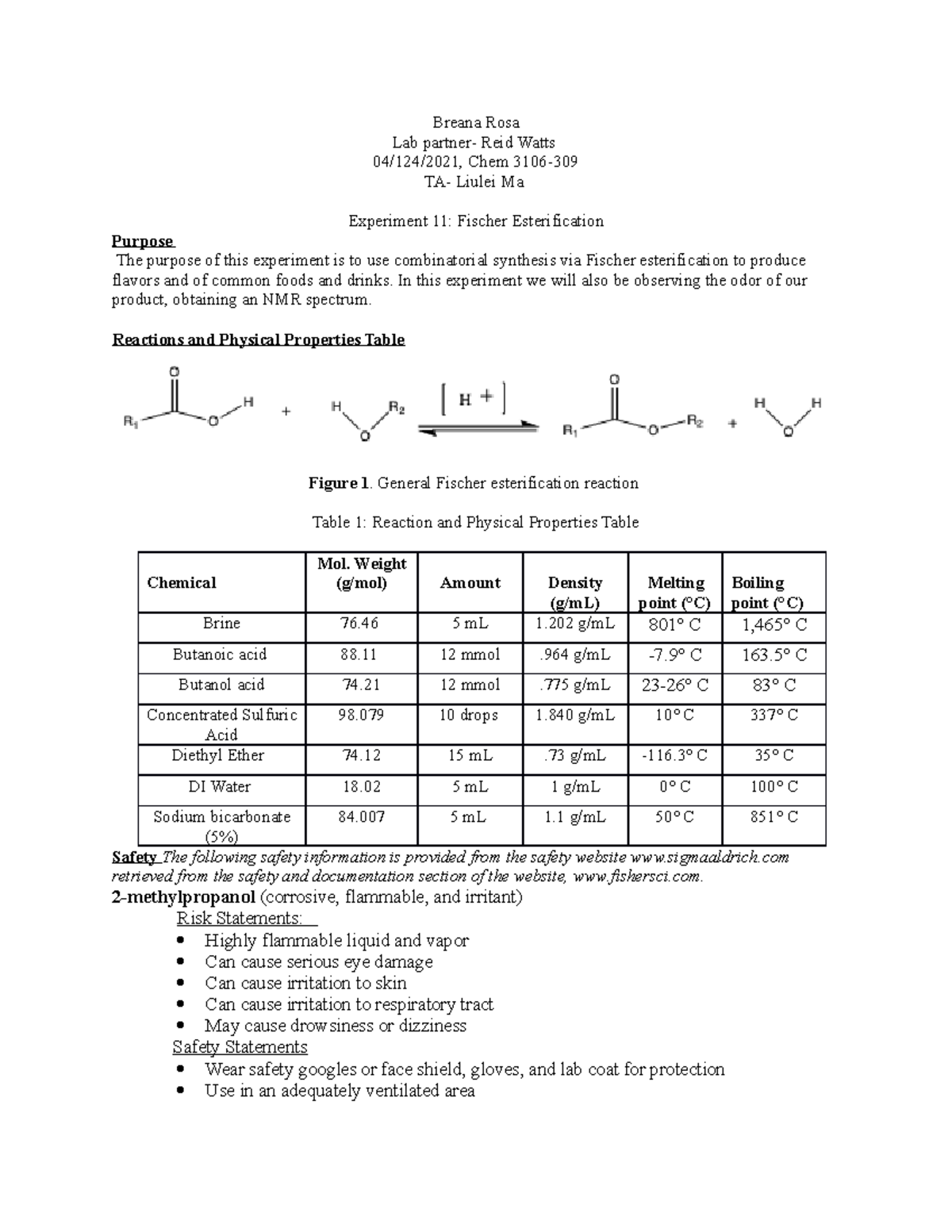 Chem 3106 Final Lab Report: Fischer Esterification Experiment 11 - Studocu