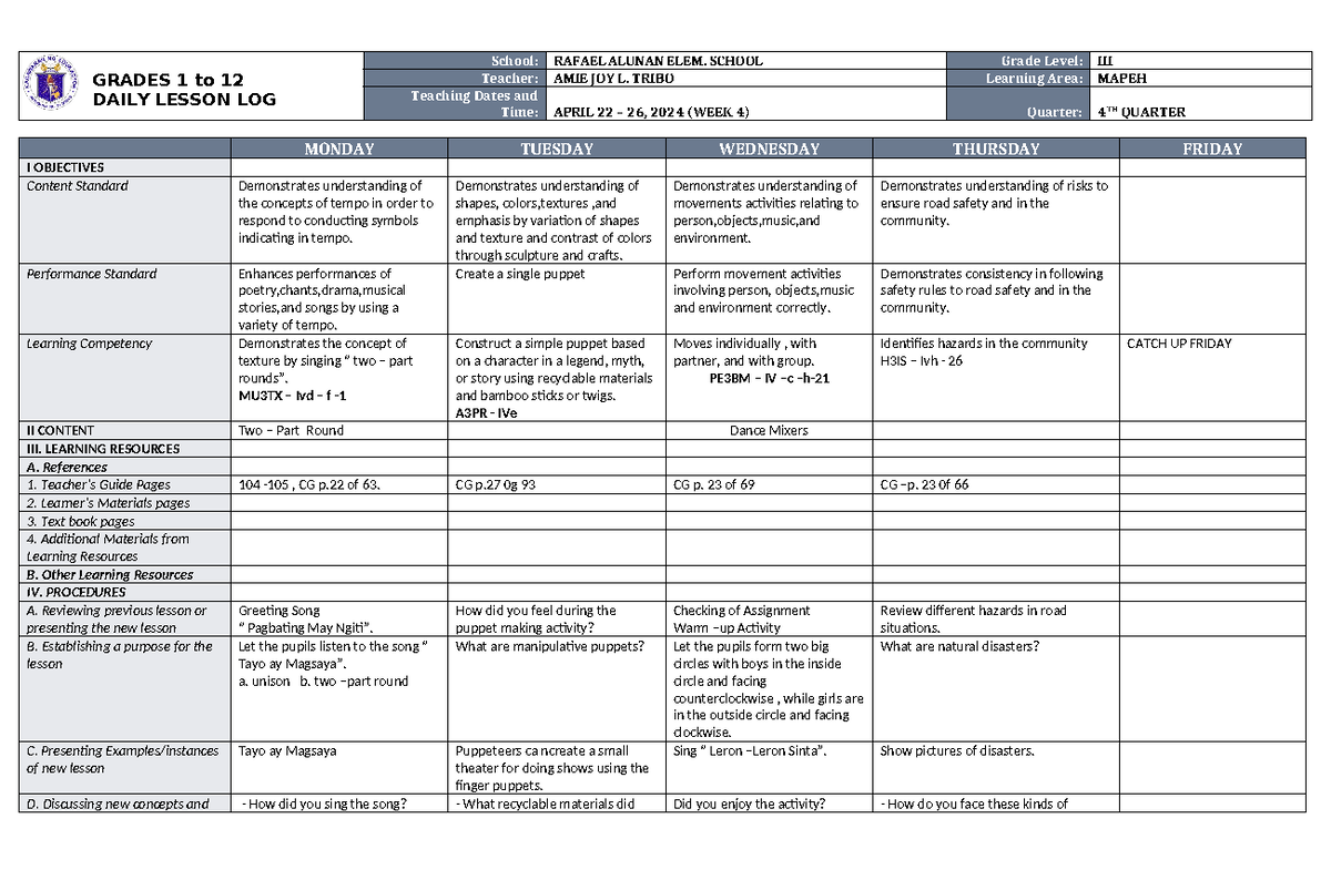 DLL MAPEH 3 Q4 W4 - Daily Lesson Log for Grade 3 (Week 4) - Studocu