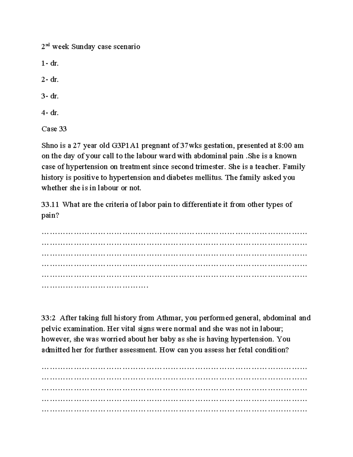 2nd Week Sunday Case Scenario: Labor Assessment & Management - Studocu