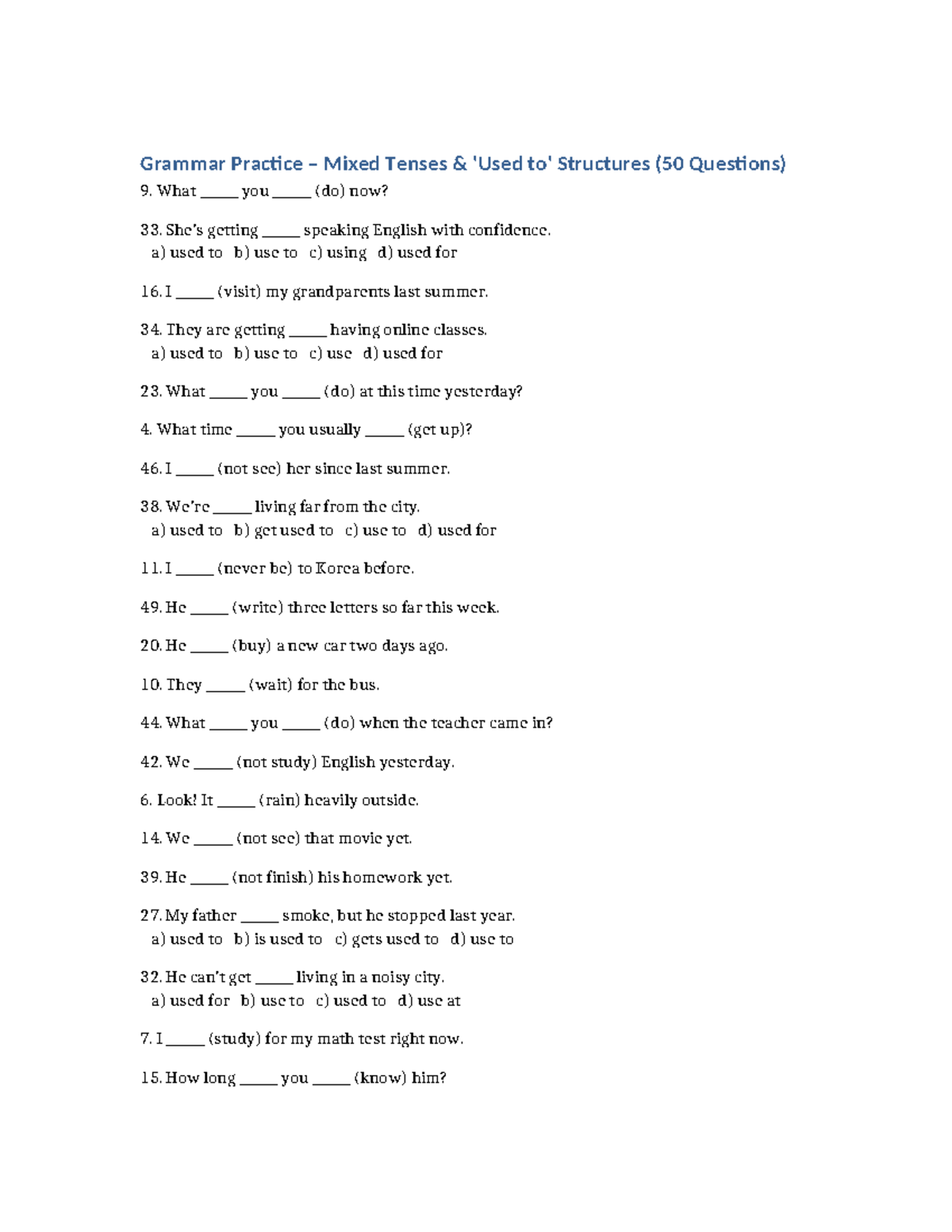 Grammar Practice: Used To - 50 Mixed Tense Questions - Studocu