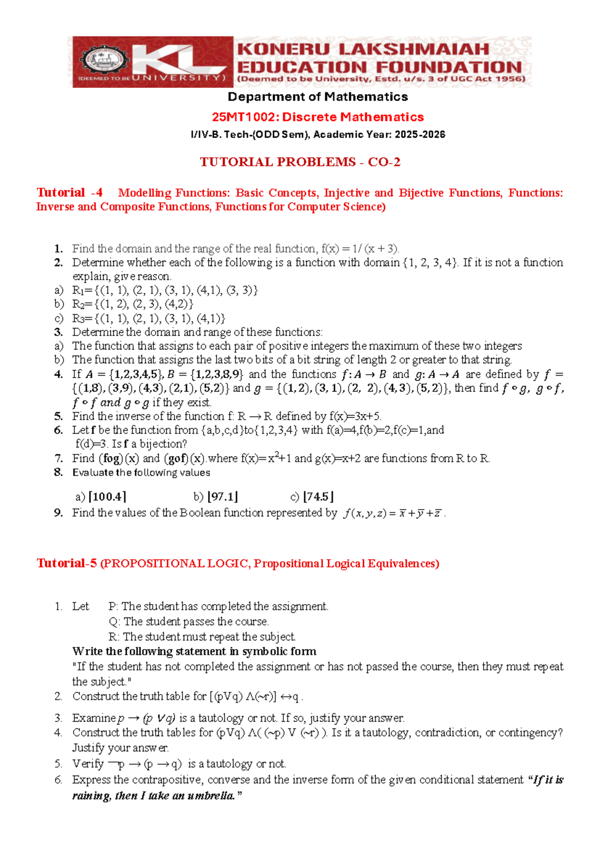 25MT1002: Discrete Mathematics Tutorial Problems on Functions and Logic - Studocu