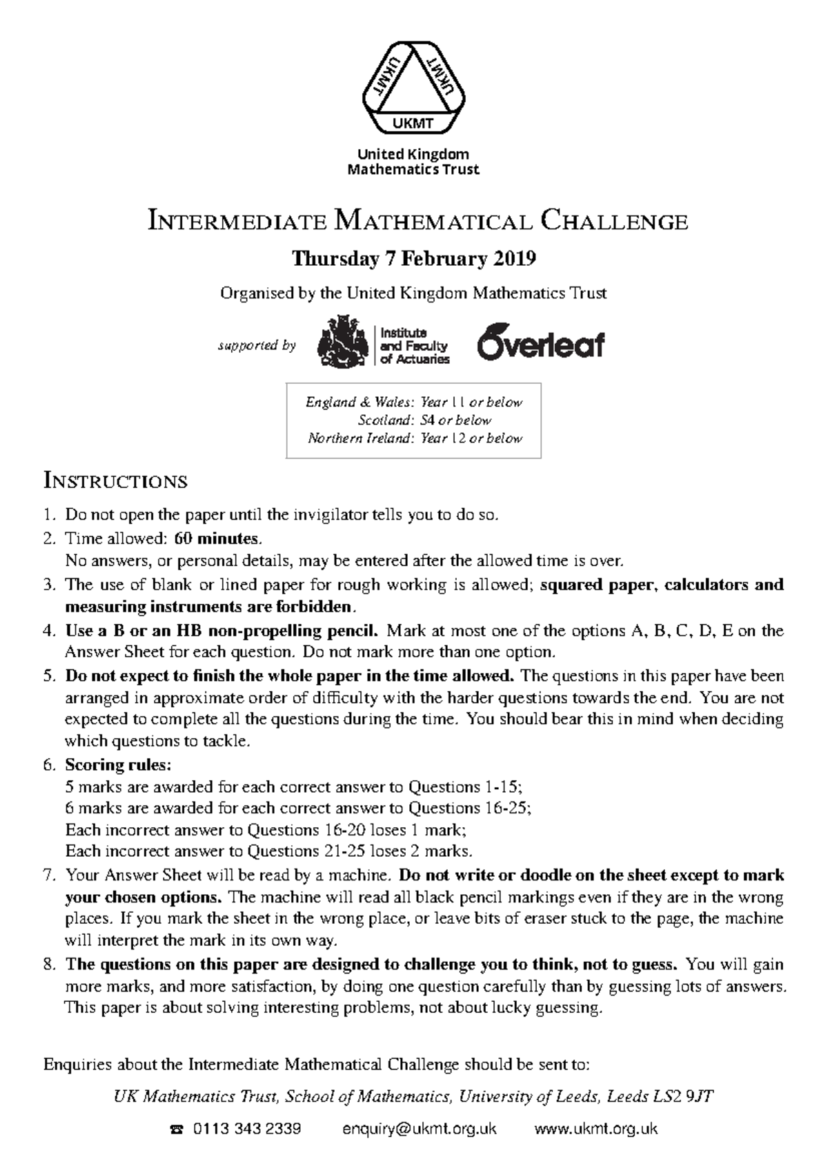Intermediate Mathematical Challenge IMC-2019 Questions & Instructions ...