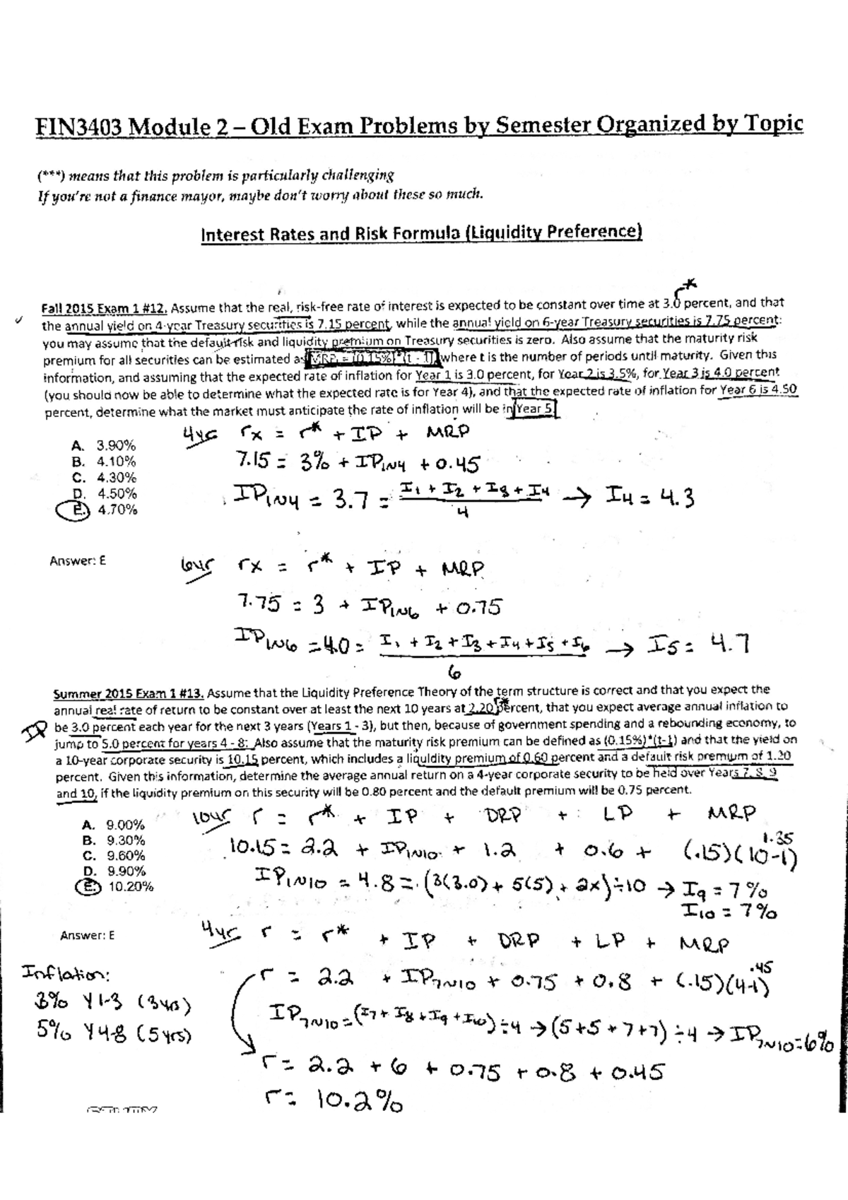 FIN3403 Module 2 Past Exam Questions on Interest Rates and Risk - Studocu