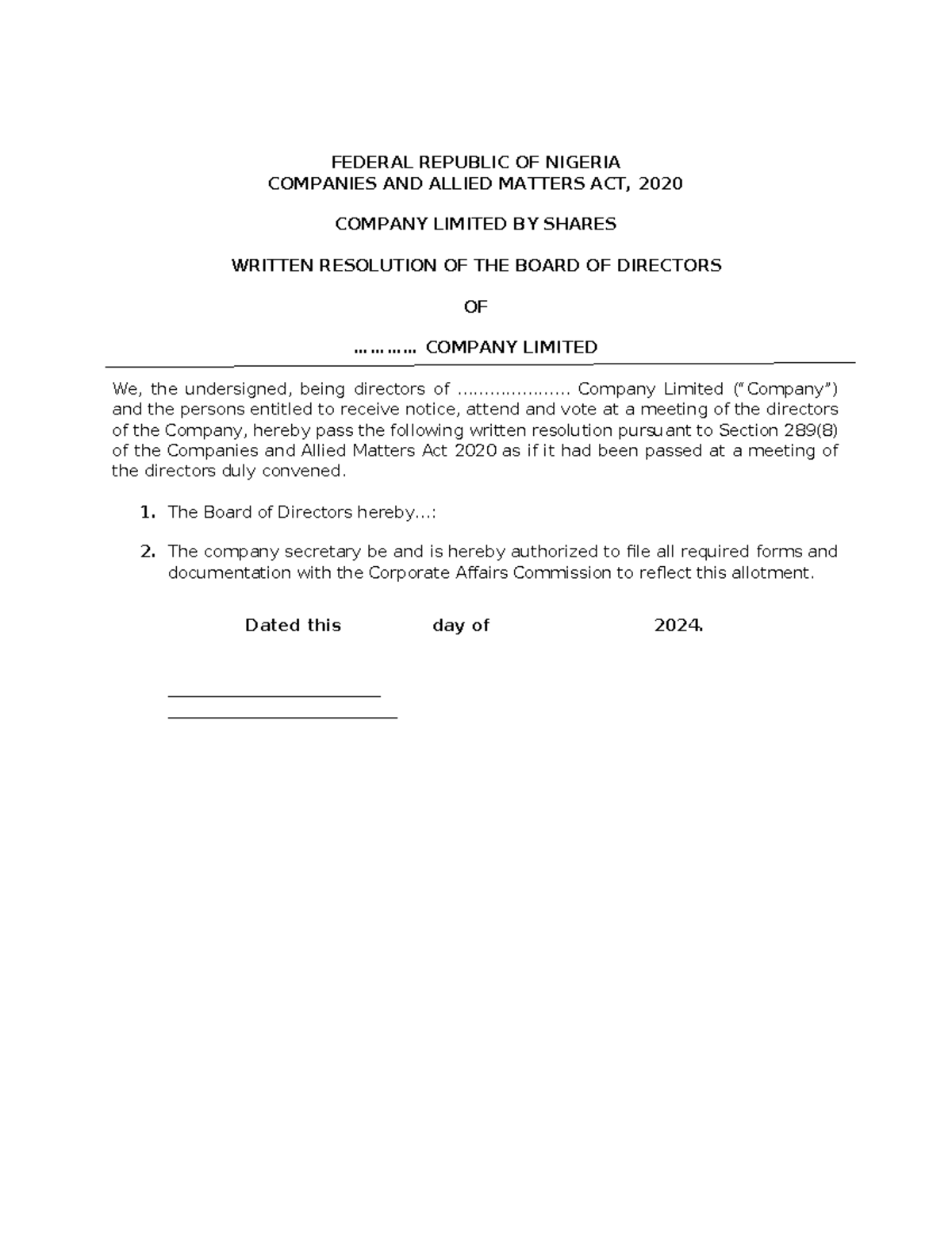 Written Resolution of Board of Directors - Federal Republic of Nigeria ...