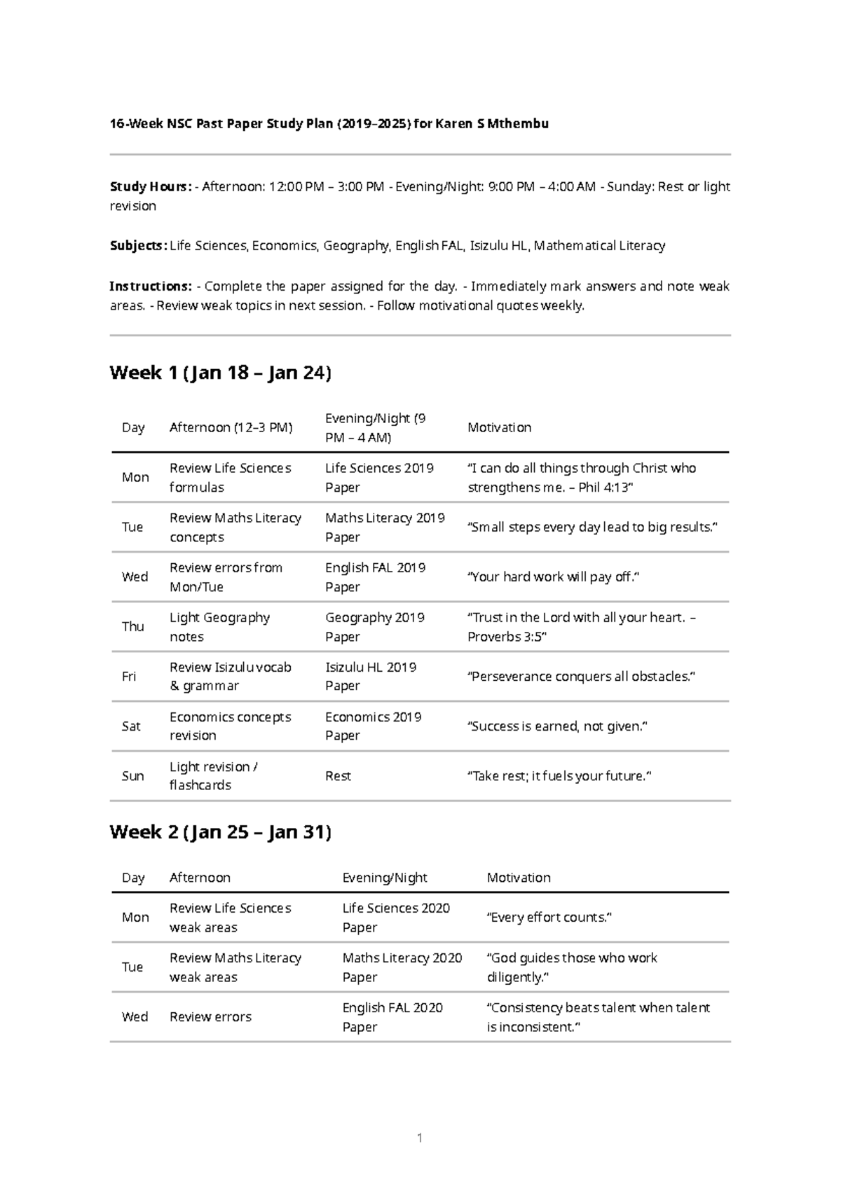 NSC 16-Week Study Plan for Past Papers and Revision - Studocu