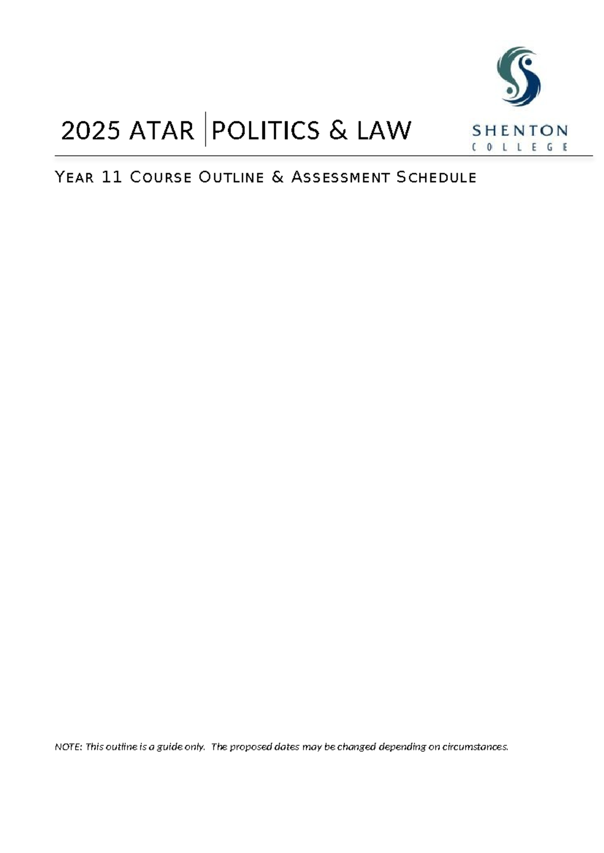 ATAR 11 Politics and Law Course Outline & Assessment Schedule 2025 ...