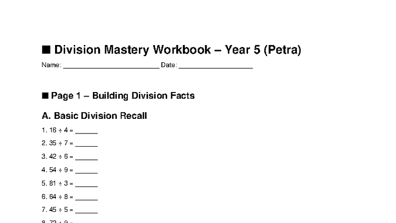 Division Mastery Workbook Year 5: Mastering Division Concepts - Studocu