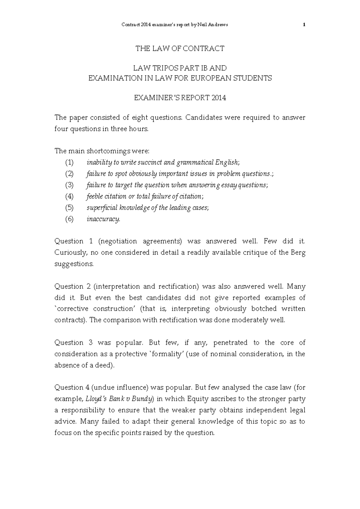 Contract Law Exam Report Jun 2014 - Insights & Candidate Performance ...