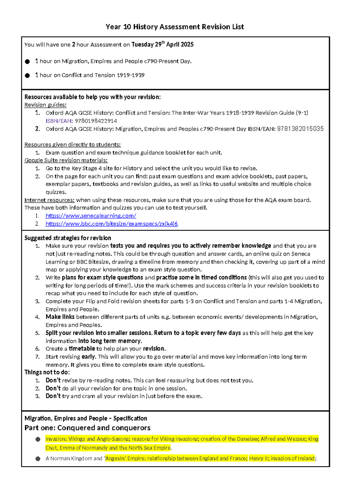 Year 10 History Revision List for Summer Term Assessment (Repaired ...