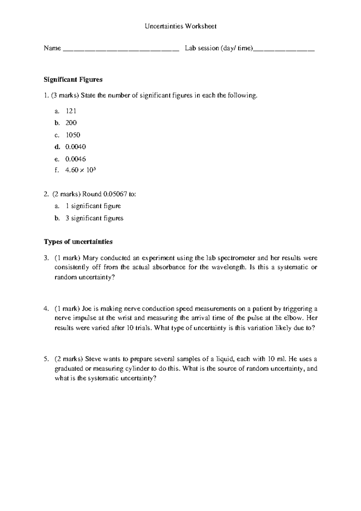 Uncertainties Worksheet Uncertainties Worksheet Name