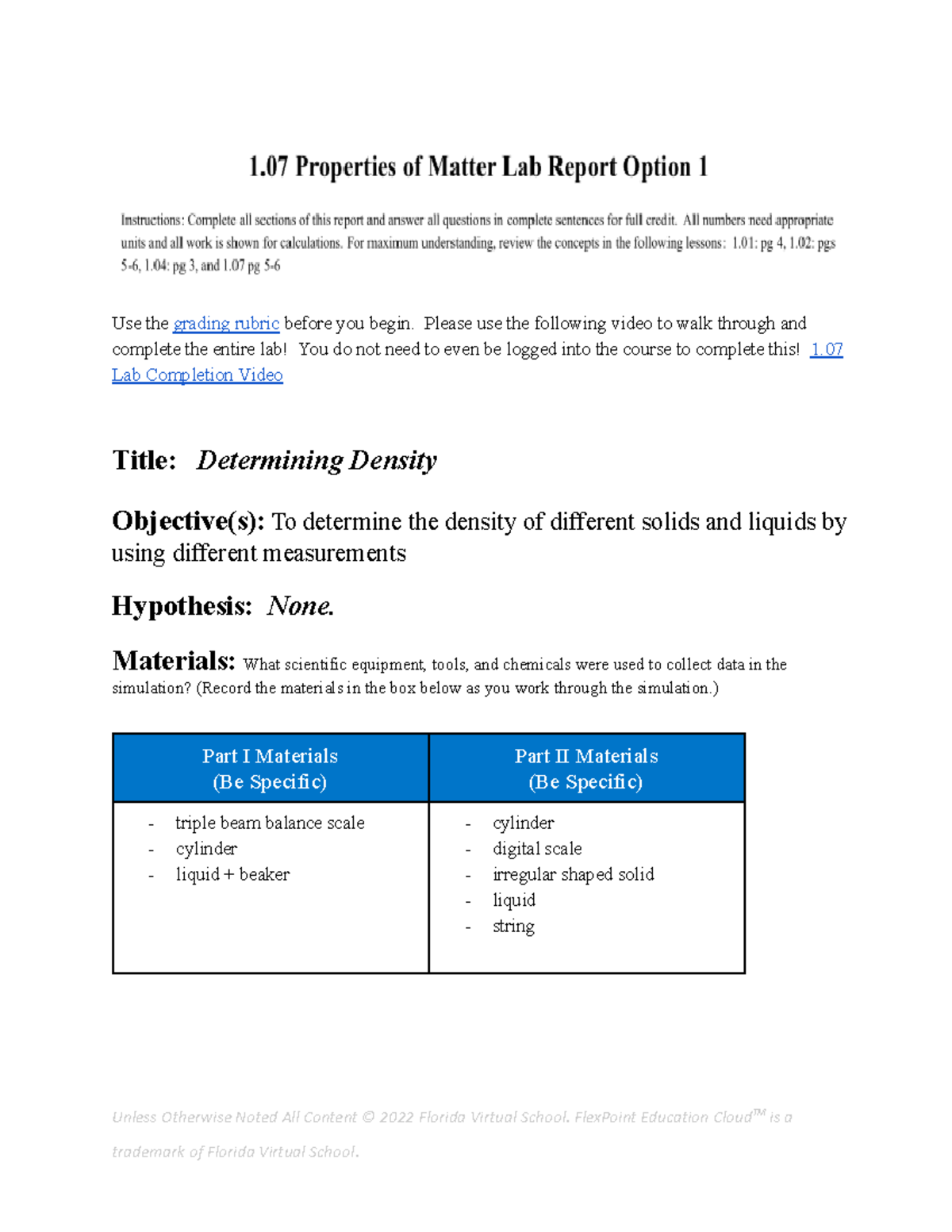 1.07 Lab: Density Determination of Solids & Liquids Experiment - Studocu