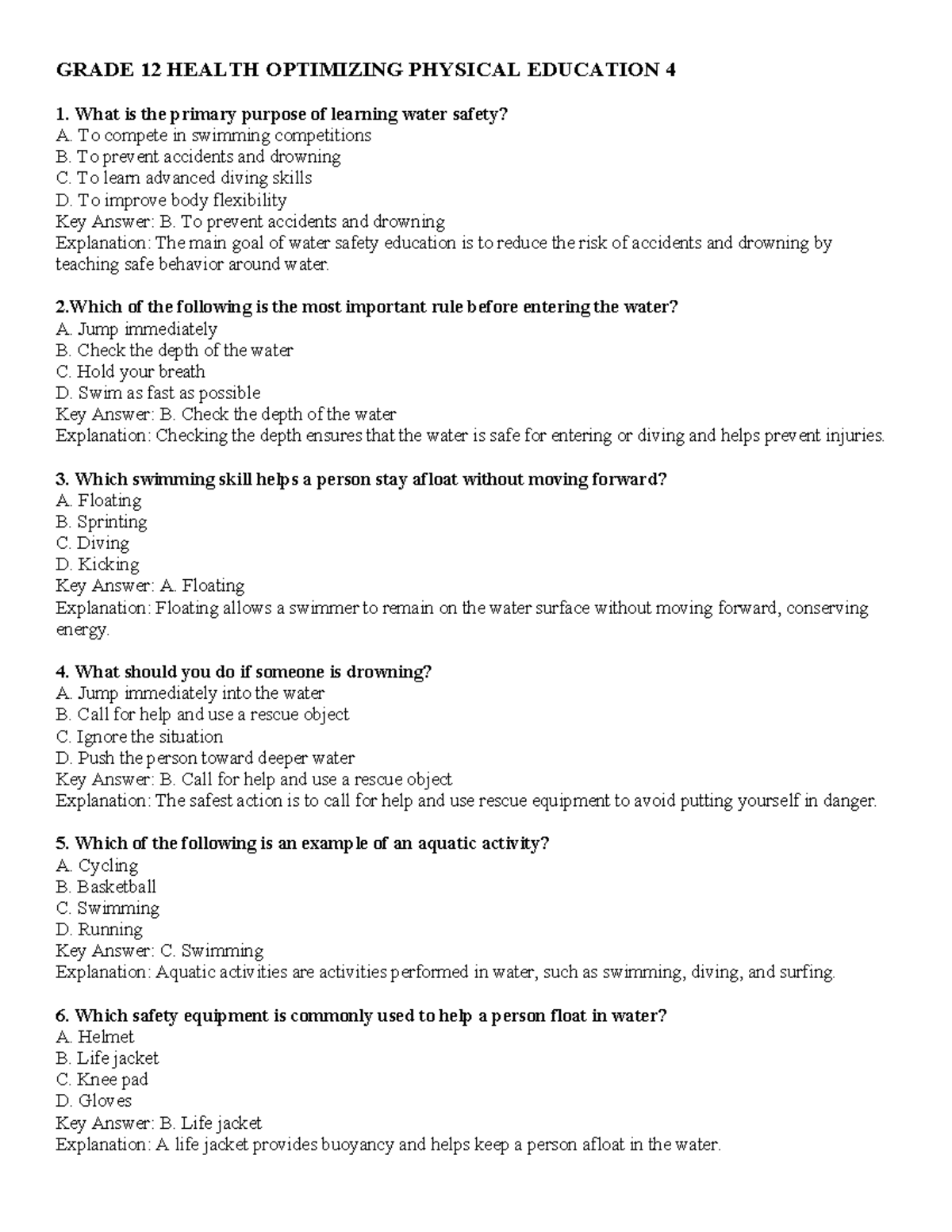 GRADE 12 HEALTH: WATER SAFETY EDUCATION NOTES 4 - Studocu