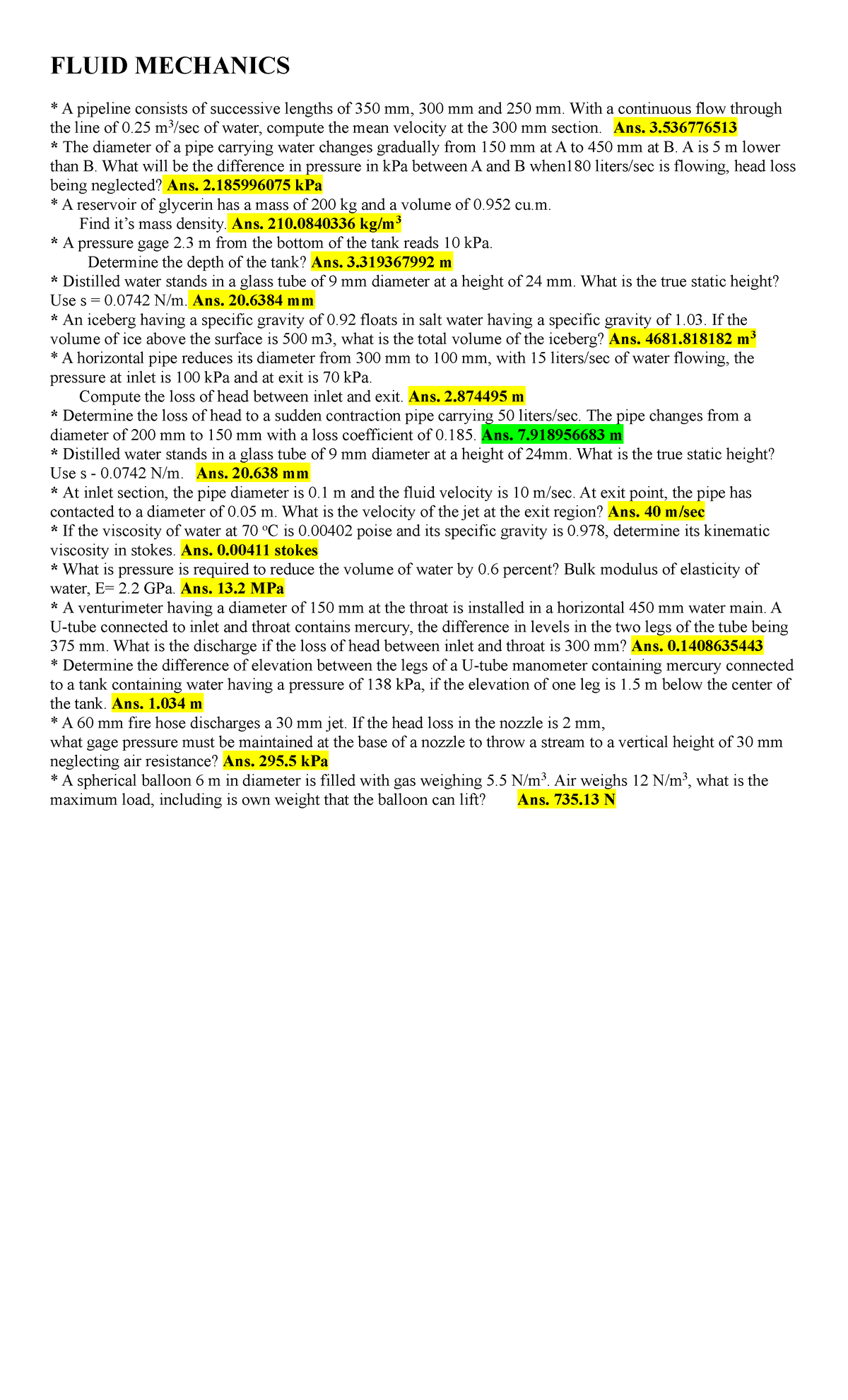 Fluid Mechanics Practice Problems & Solutions: Key Concepts and ...