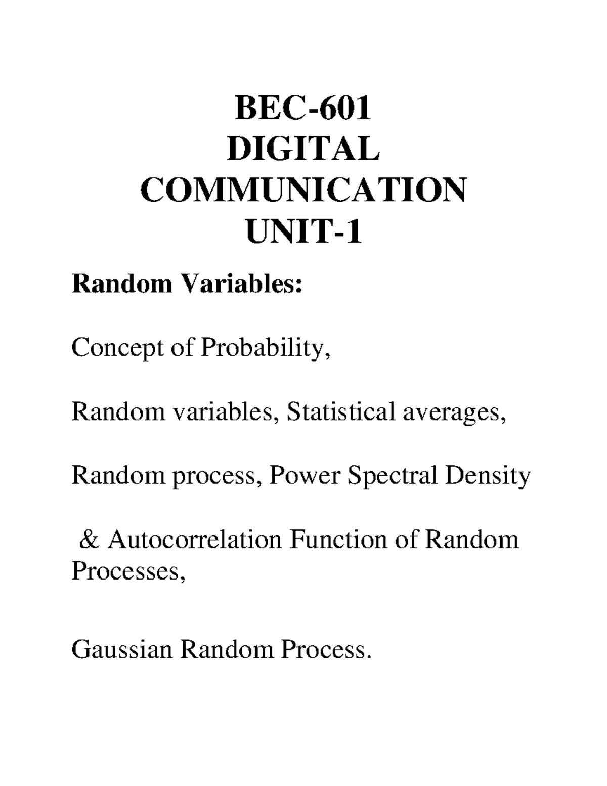 BEC 601 Unit 1: Digital Communication Notes on Random Variables and ...