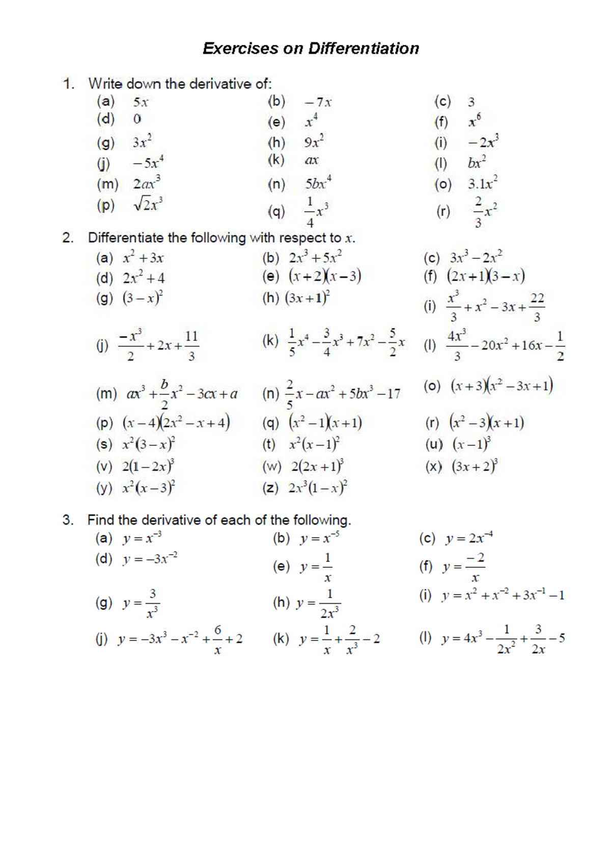 12ADV Differentiation & Trigonometry Practice Questions - Studocu