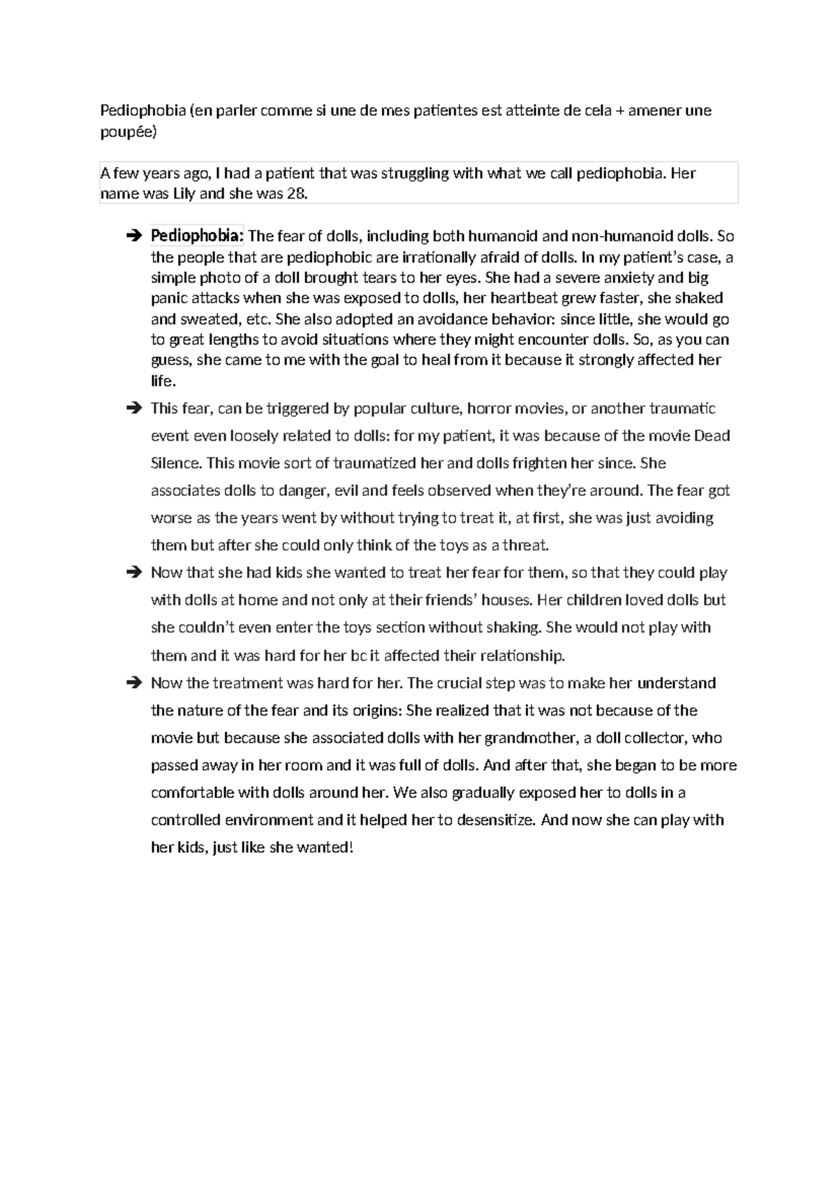 Pediophobia Exploration - L2 Psychologie Patient Case Study - Studocu