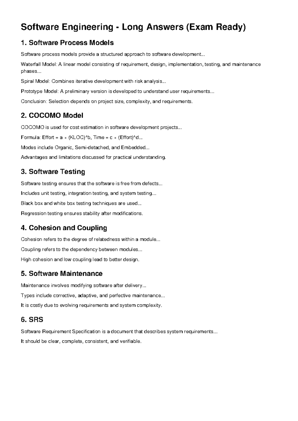 SE Long Answers: Software Engineering Exam Prep Guide - Studocu