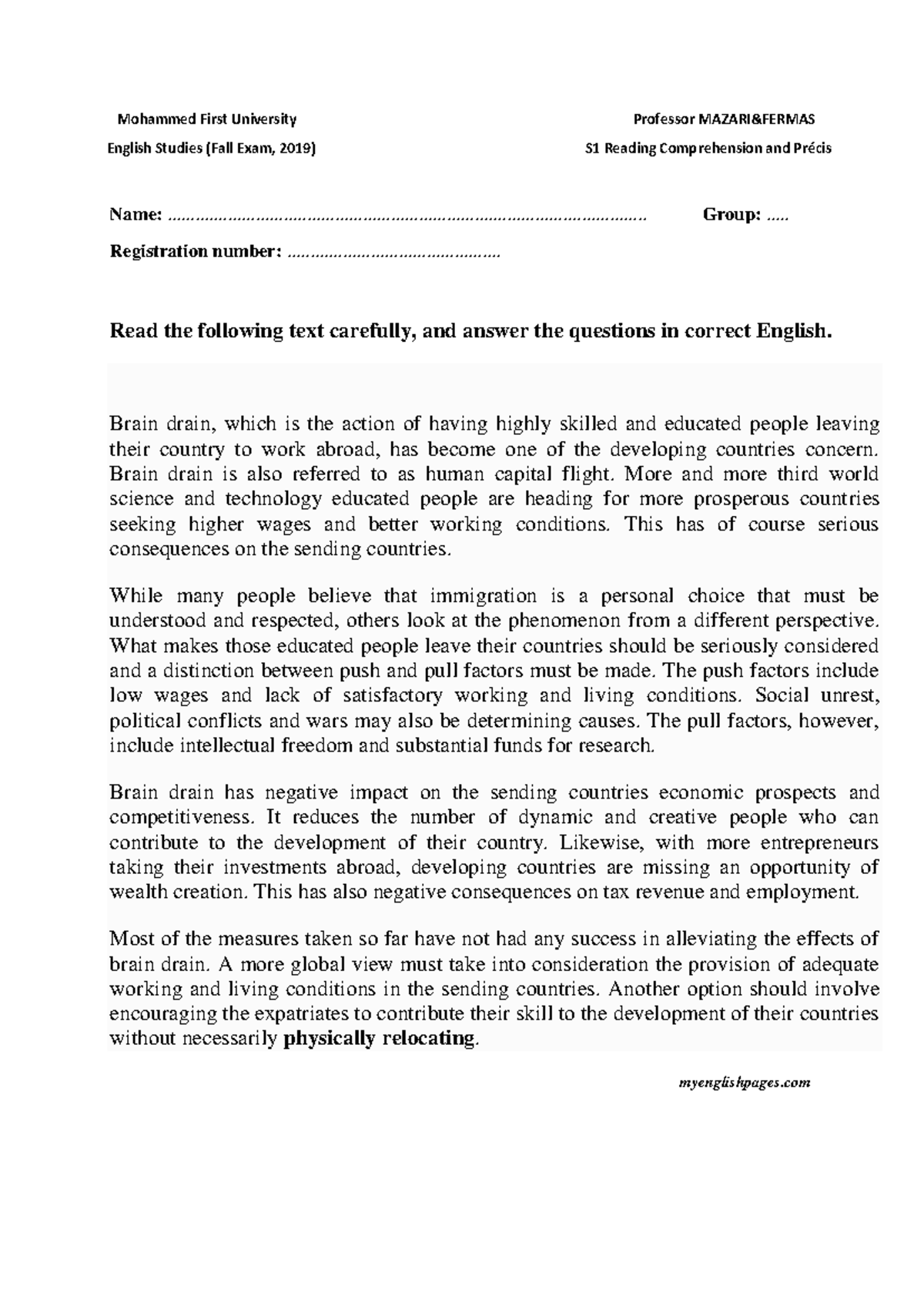 English Studies S1 Reading Comprehension Exam 2019: Brain Drain ...
