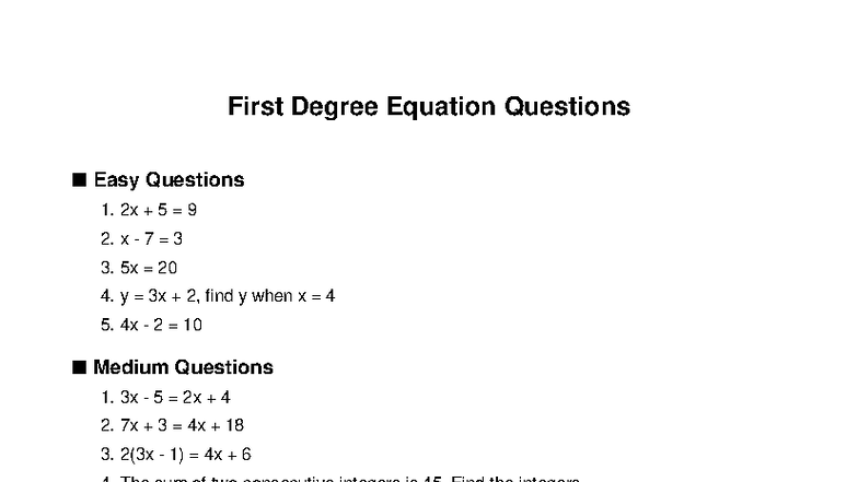 First Degree Equation Questions: Easy to Hard Levels - Studocu