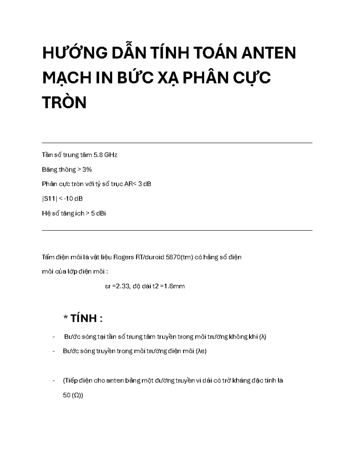 Hướng Dẫn Tính Toán Anten Mạch In Bức Xạ Phân Cực Tròn 5.8 GHz - Studocu