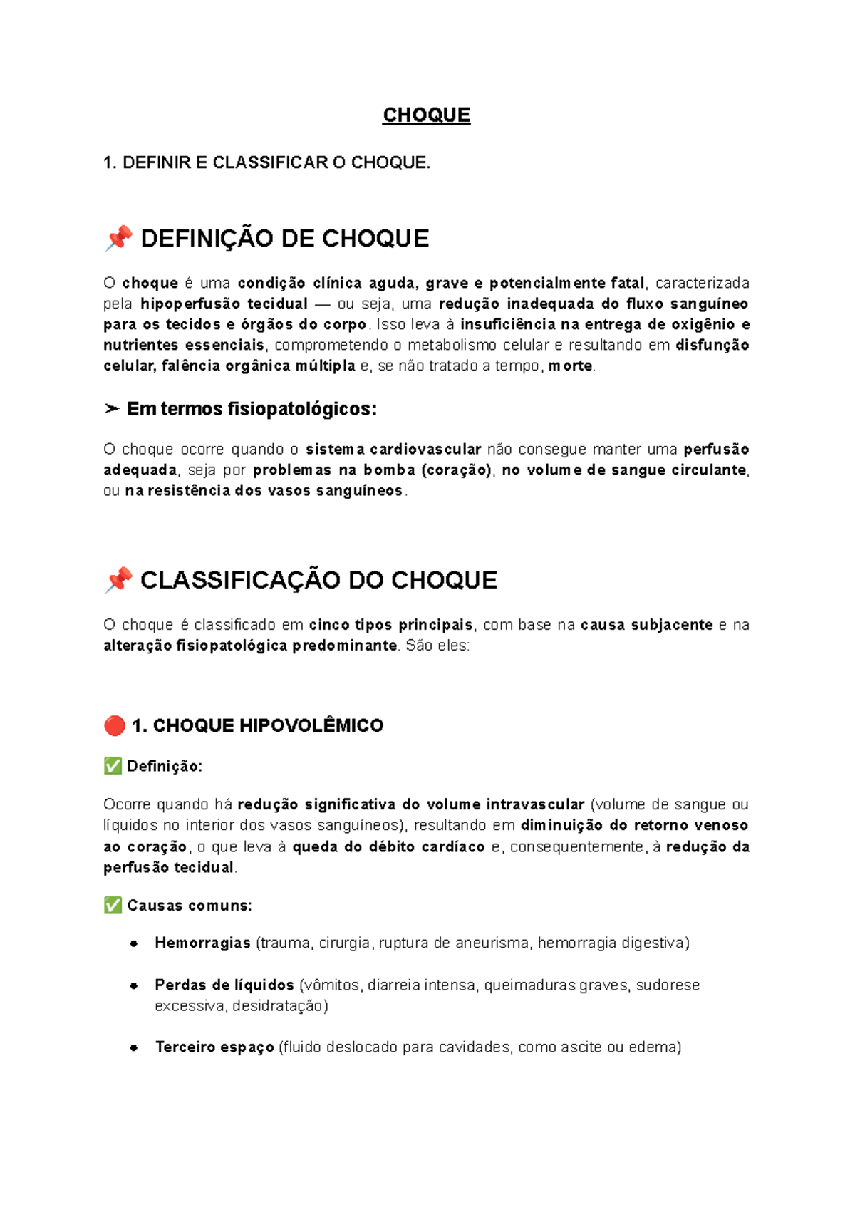 Choque: Definição, Classificação e Fisiopatologia - t2m2p8 - Studocu