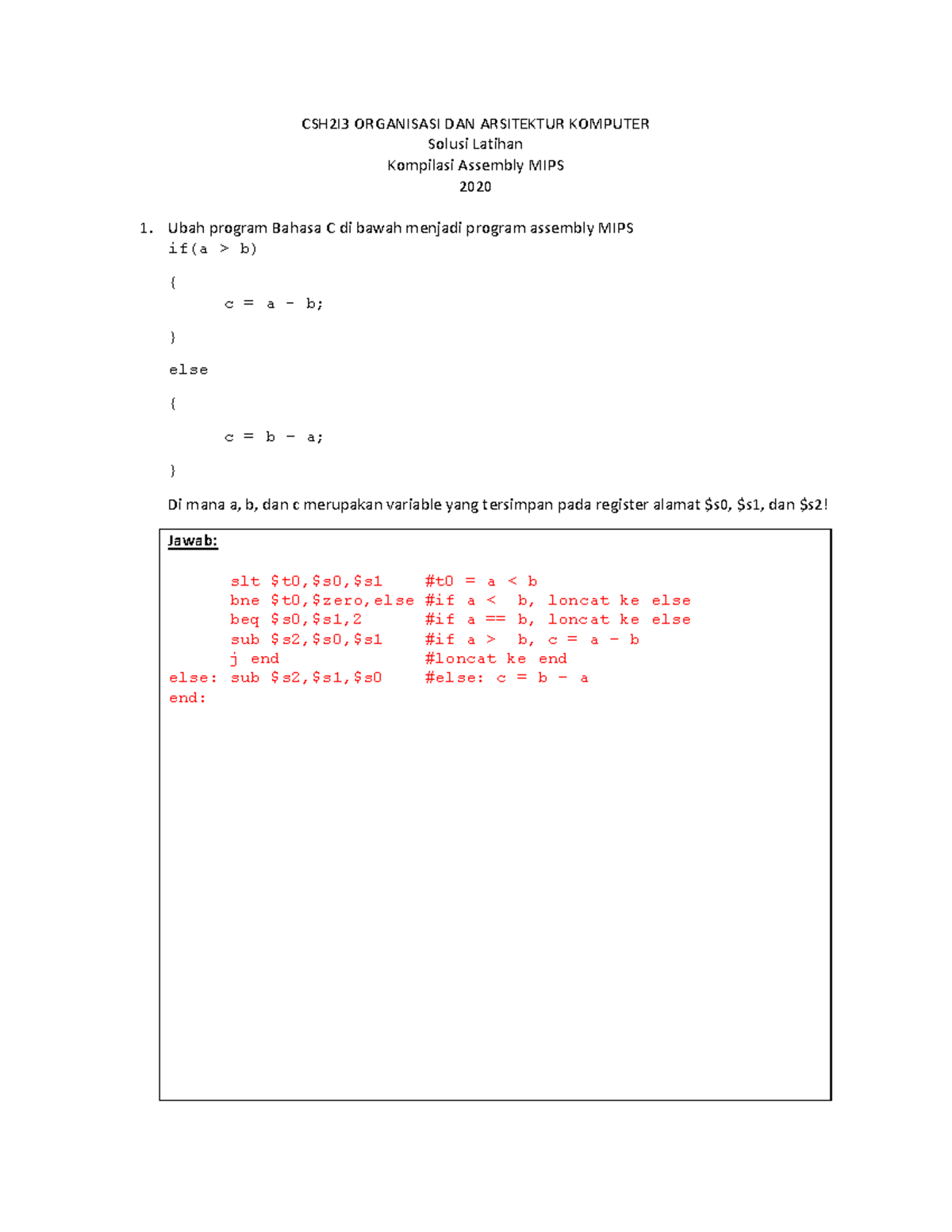 Solusi Latihan Soal 03 - CSH2I3 ORGANISASI DAN ARSITEKTUR KOMPUTER Solusi Latihan Kompilasi ...
