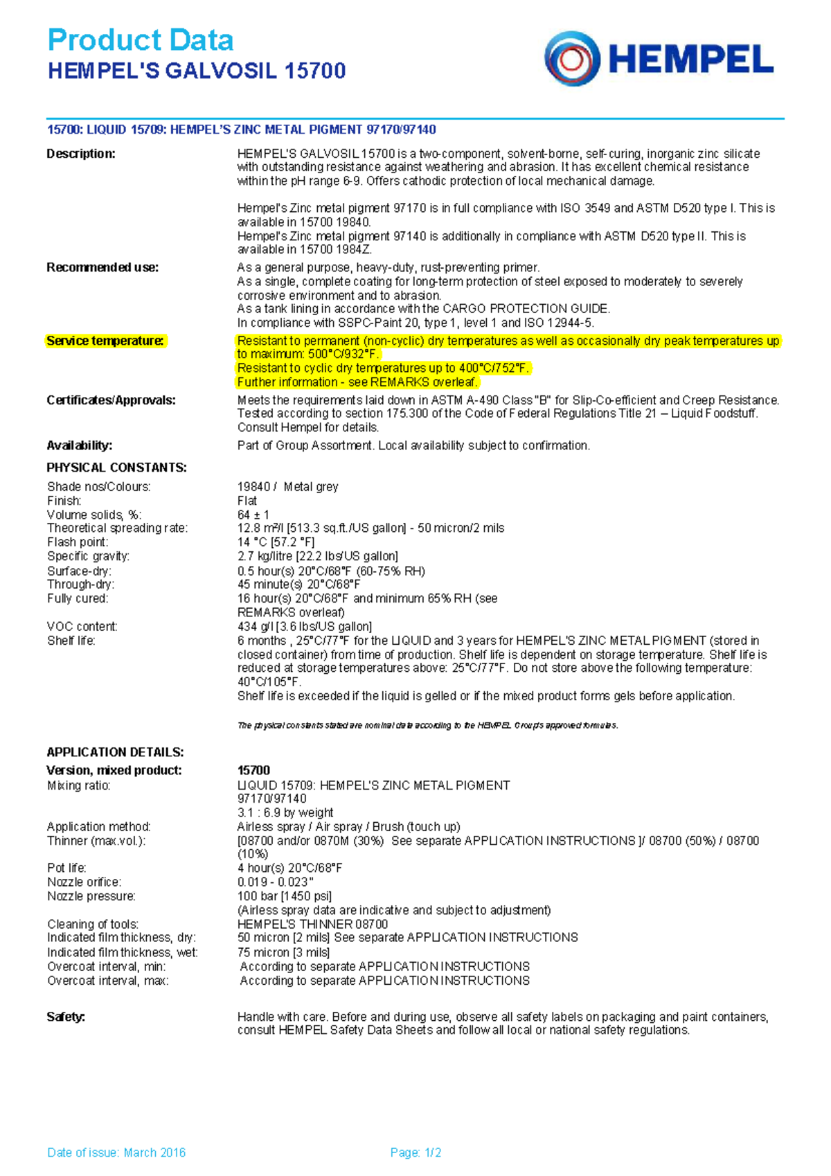 PDS Hempel's Galvosil 15700: Zinc Metal Pigment Overview & Specs - Studocu