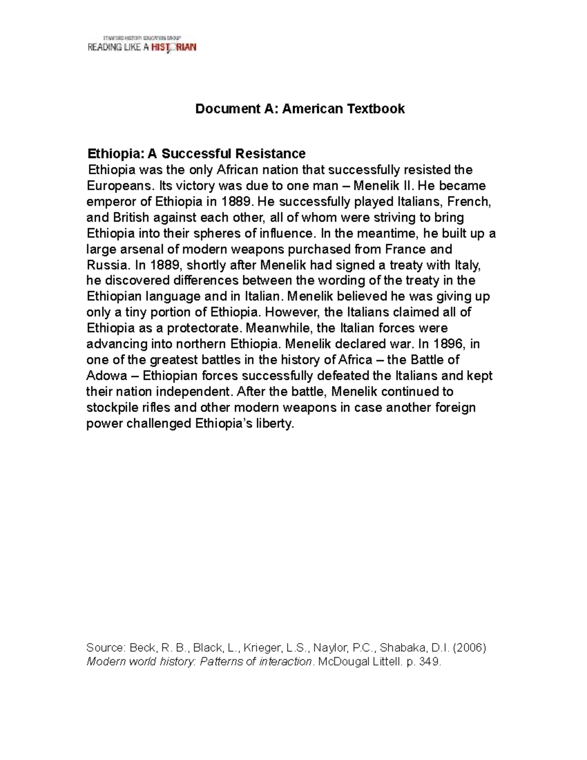 Battle of Adwa: Ethiopia's Triumph Over Italy - Student Materials - Studocu