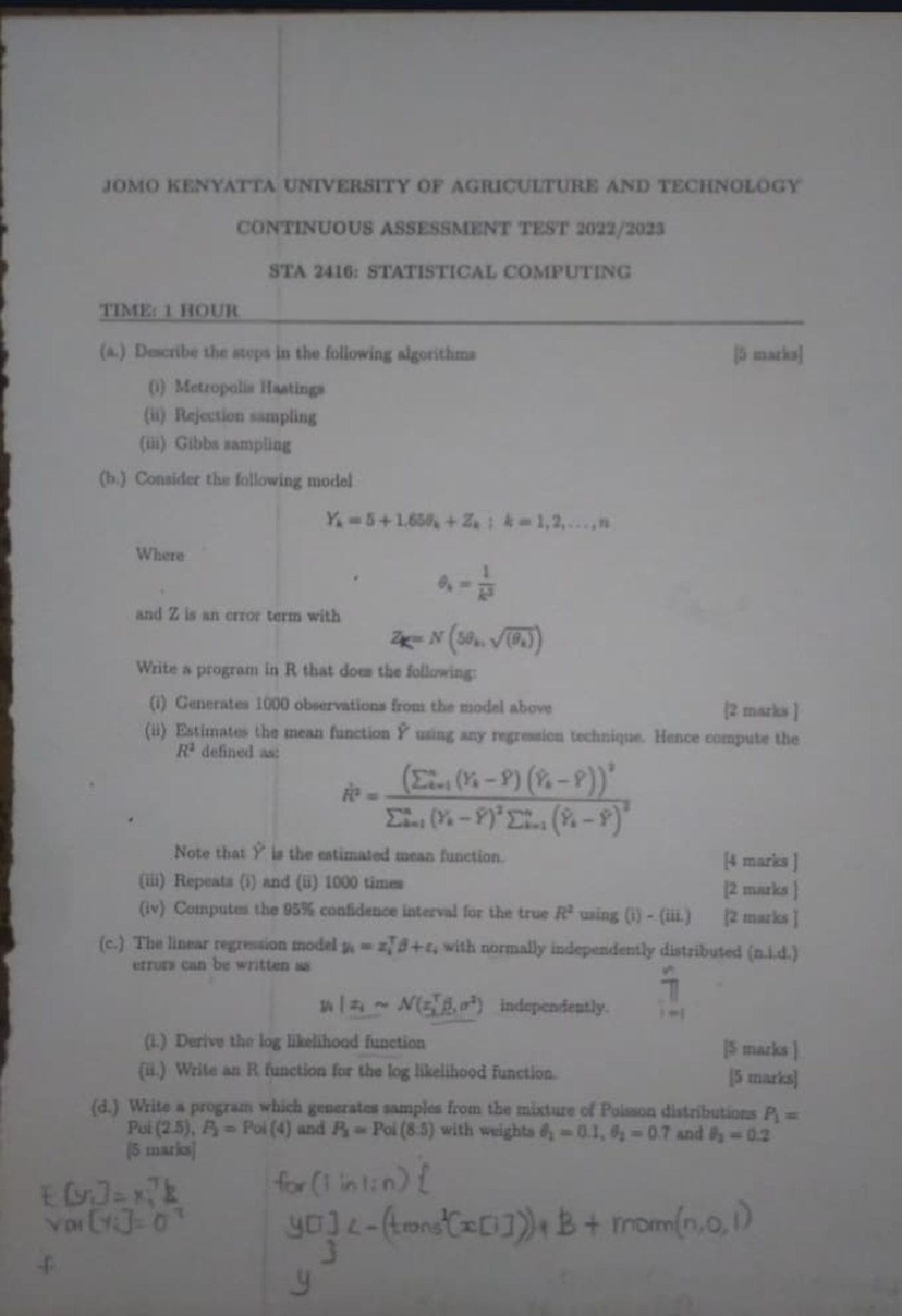 STA 2416 Continuous Assessment Test: Statistical Computing Algorithms ...