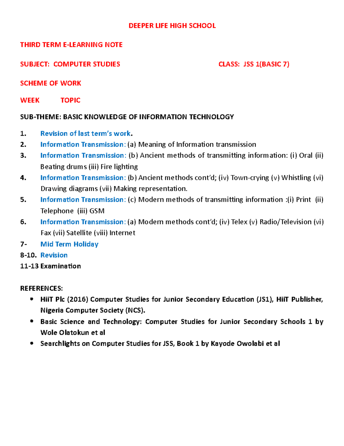 Computer Studies JSS 1 (Basic 7) 3rd Term E-Learning Notes - Studocu