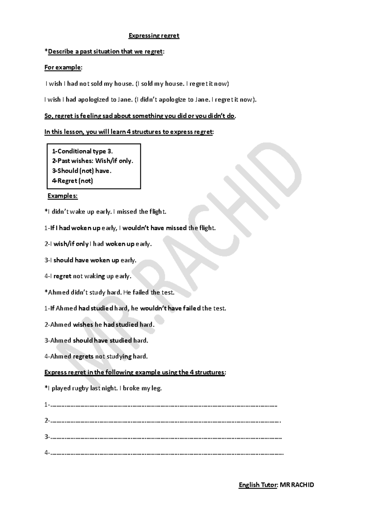 Expressing Regret: Lesson 8 - Categorie 1 with Mr. Rachid - Studocu