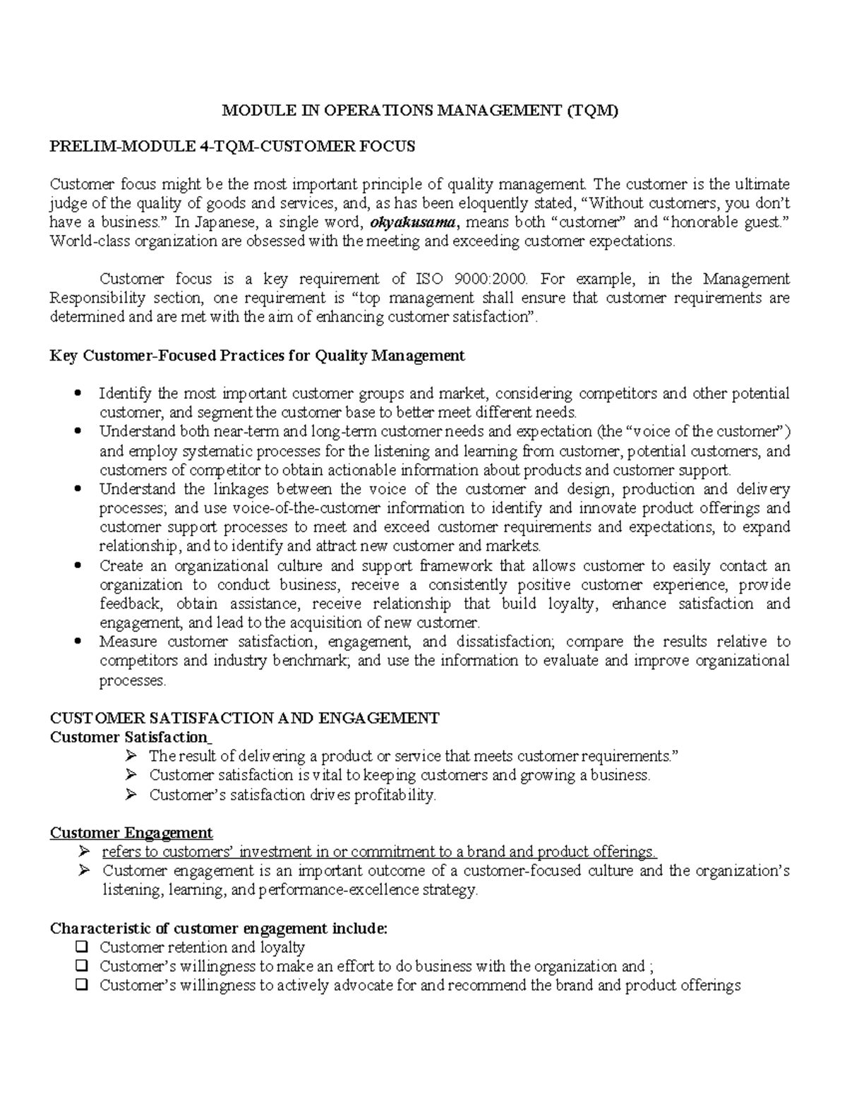Prelim - Module 4 - Customer Focus in Operations Management (TQM) - Studocu
