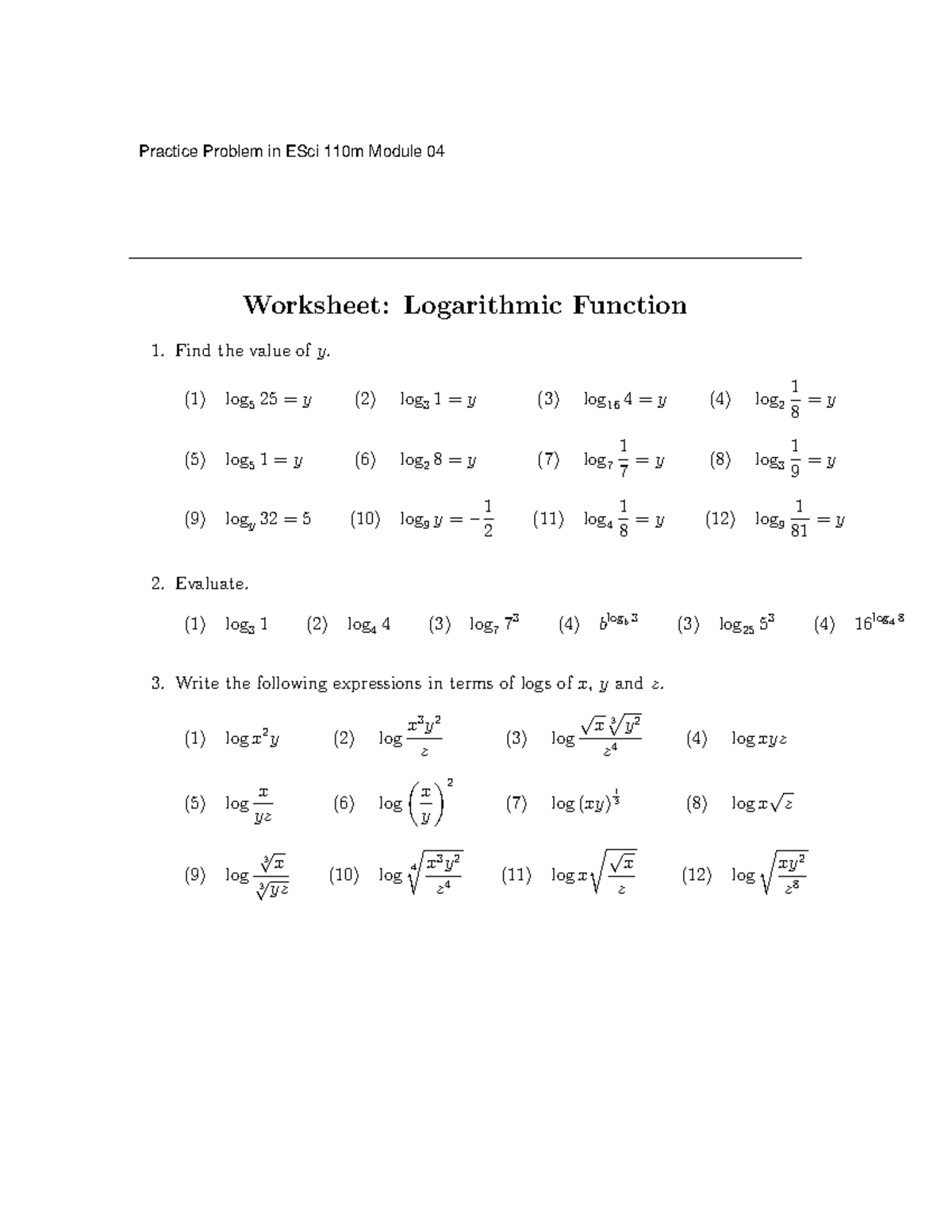 ESci 110m Practice Problems Module 04: Logarithmic Functions - Studocu