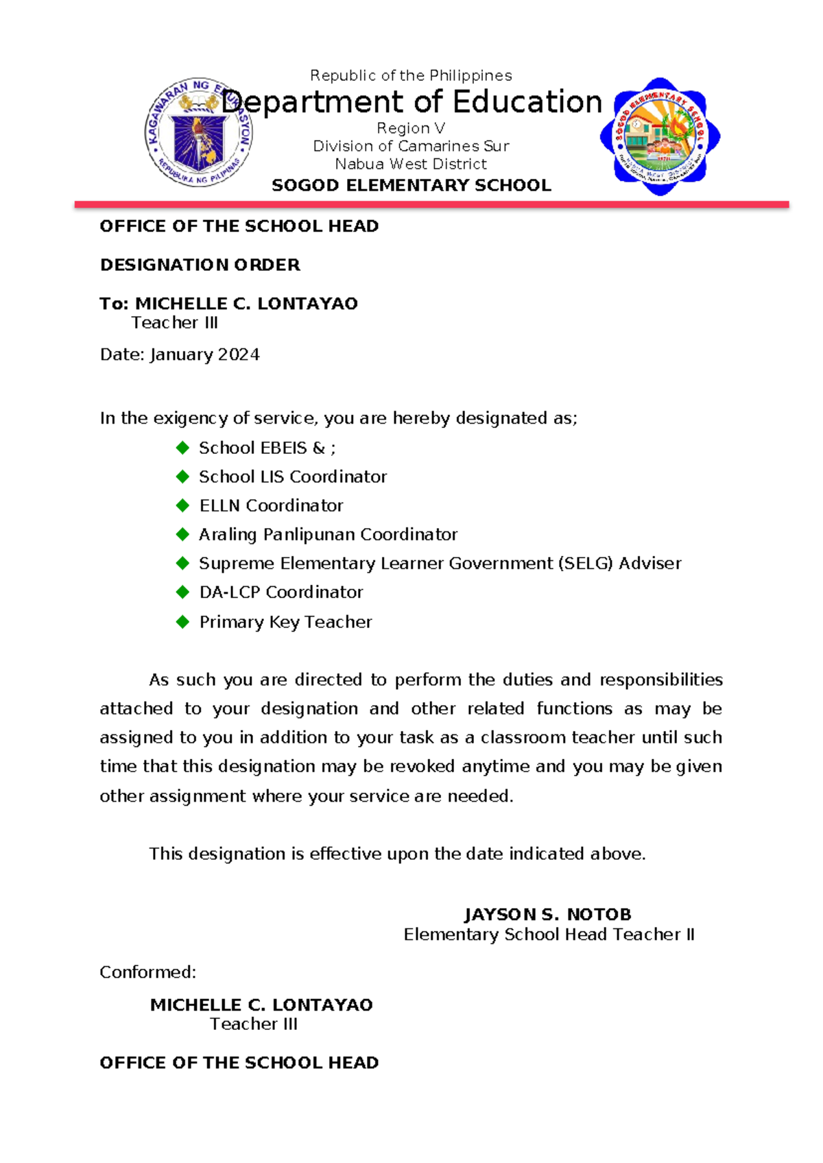Designation Orders 2024 - Sogod Elementary School - VCCVCVC - Studocu