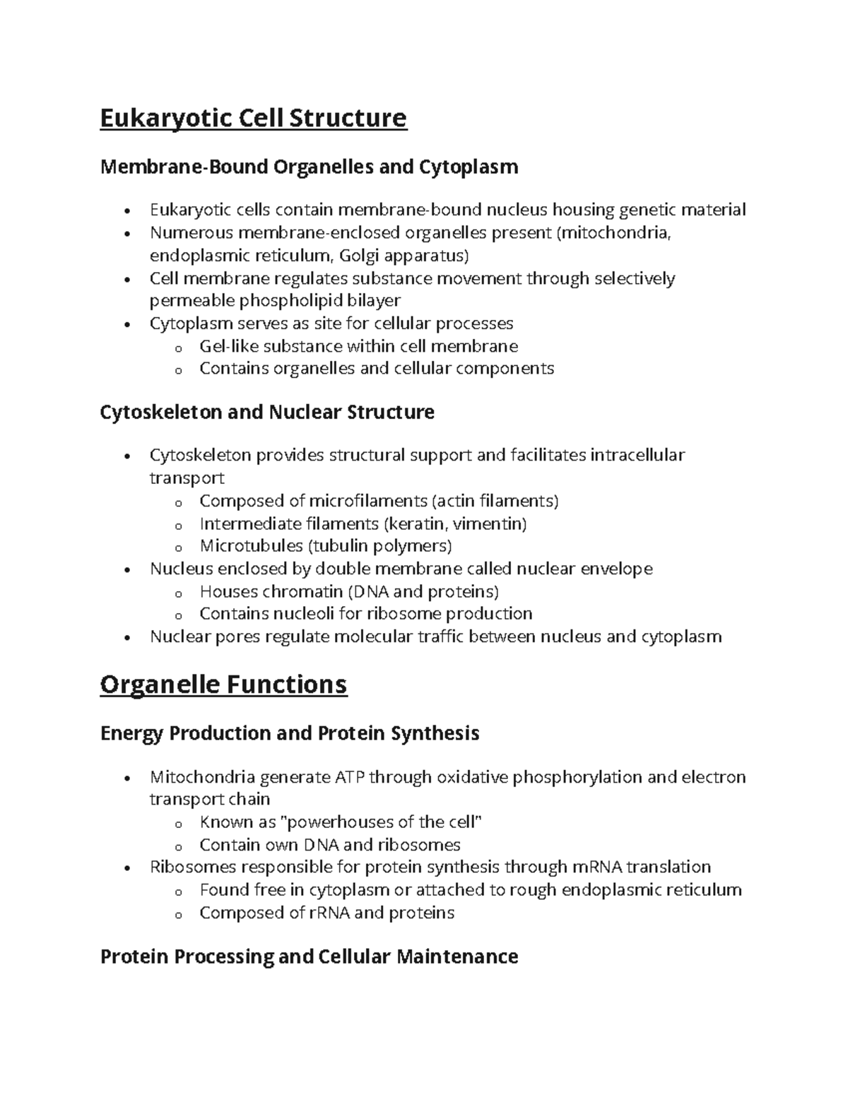 Eukaryotic Cell Structure: Organelles & Functions (BIO 101) - Studocu