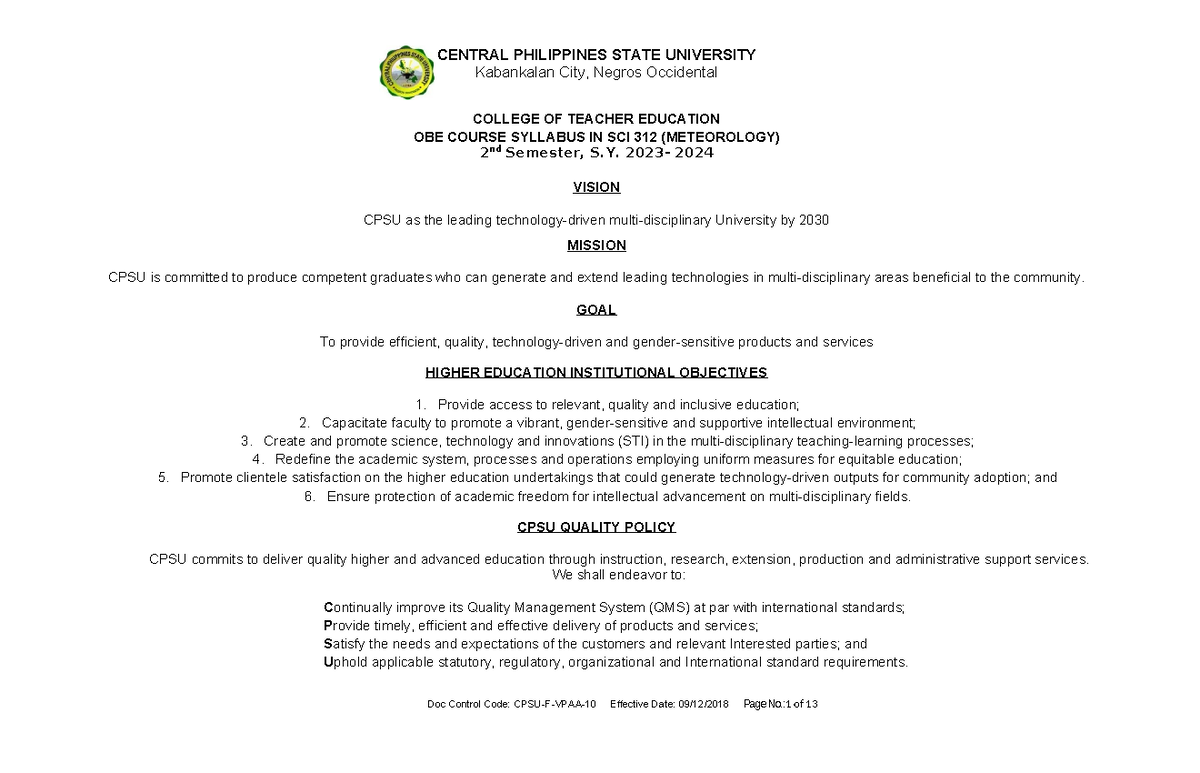 Meteorology 312 - OBE Course Syllabus for 2nd Sem. S.Y. 2023-2024 - Studocu