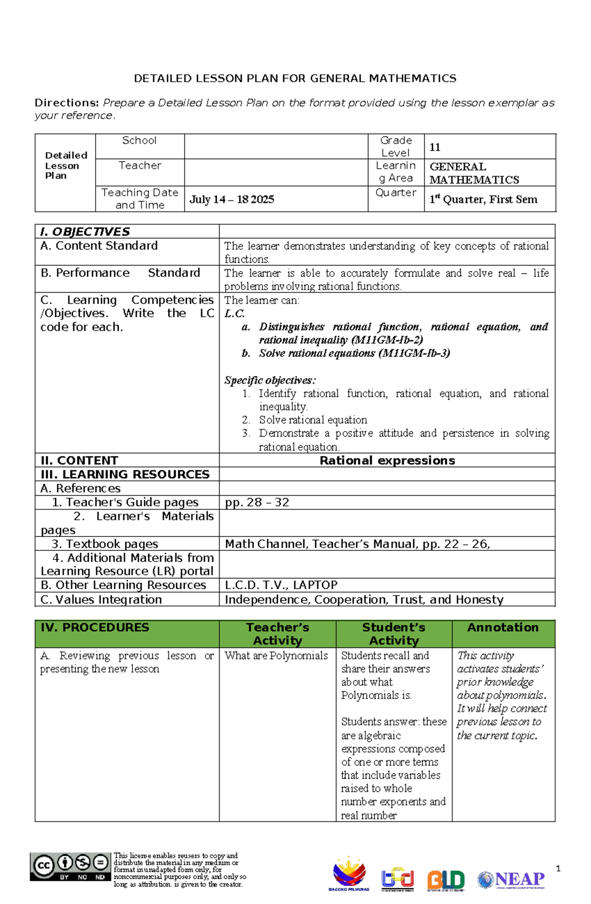 Q1-GM-2025: Detailed Lesson Plan on Rational Functions - Studocu