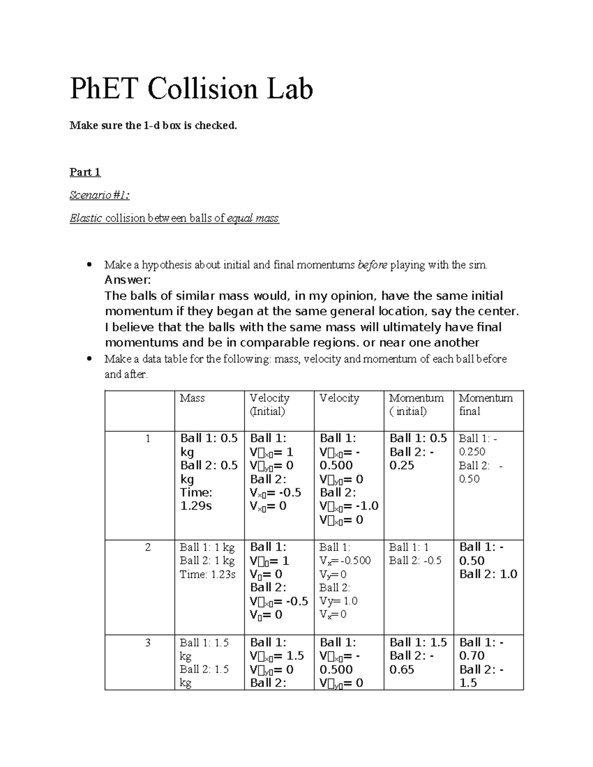 PhET Collisions Lab Analysis: Momentum in Elastic and Inelastic ...
