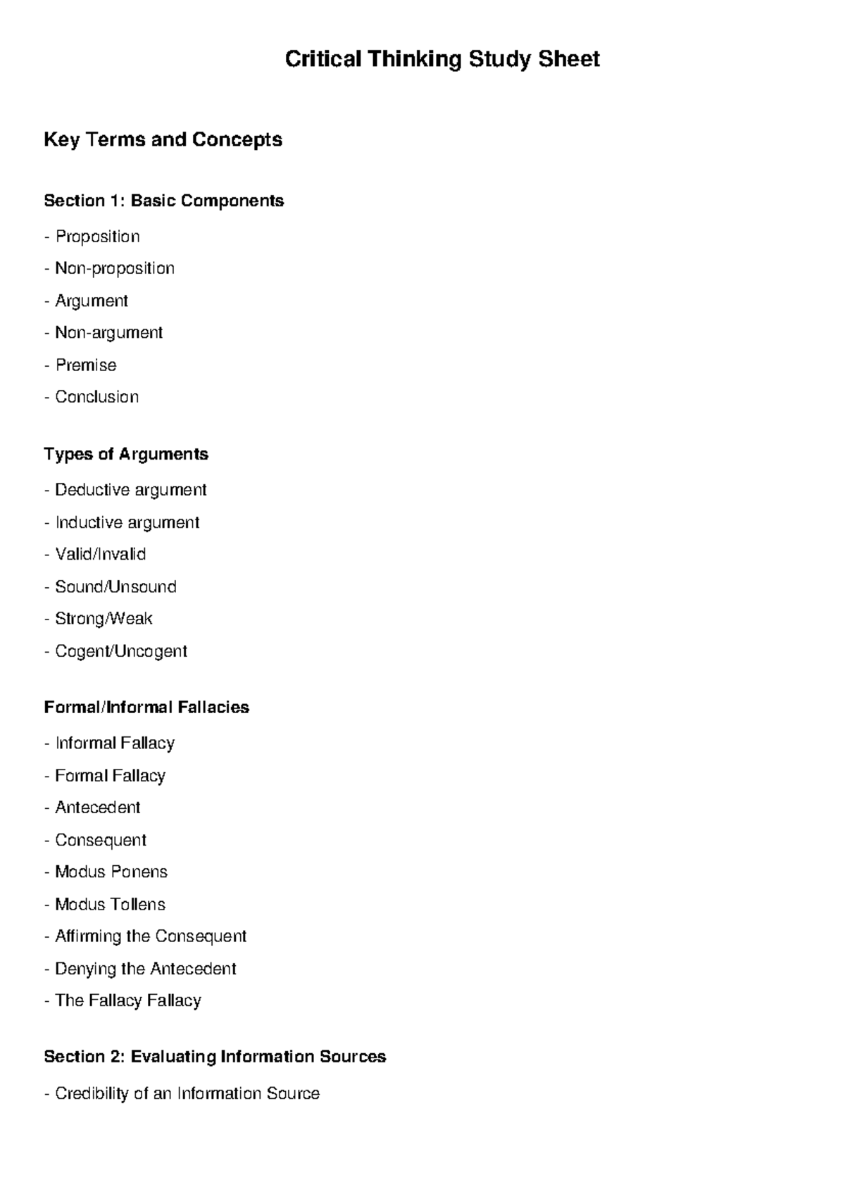 Critical Thinking Study Sheet - Studocu