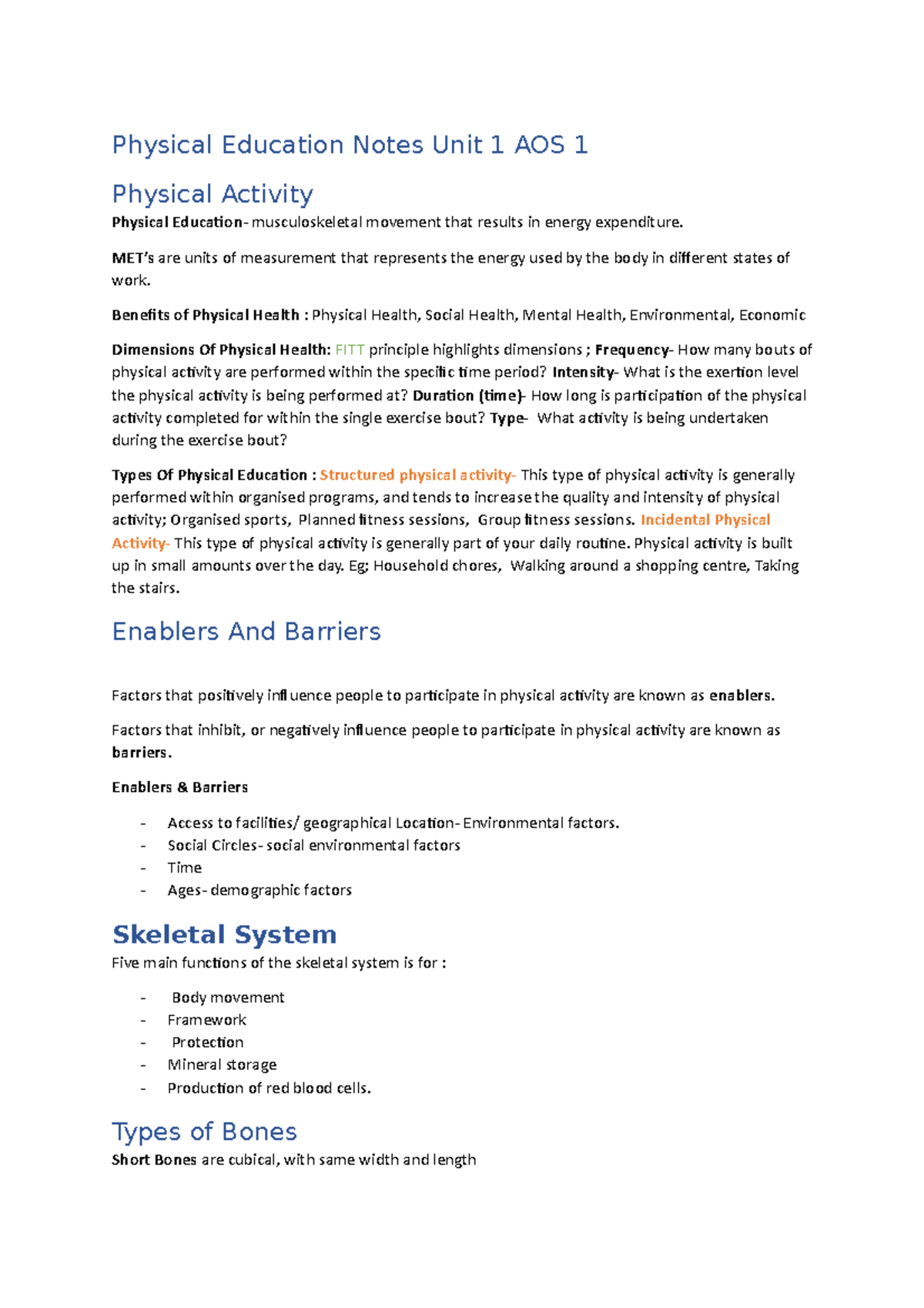 PE Unit 1 AOS 1: Comprehensive Notes on Physical Education Concepts ...