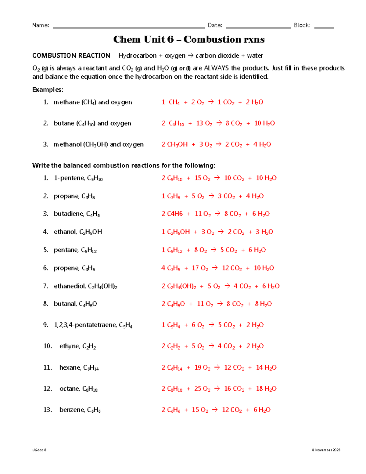 Chem Unit 6: Homework on Combustion Reactions - Name: Date: Block: U6 ...