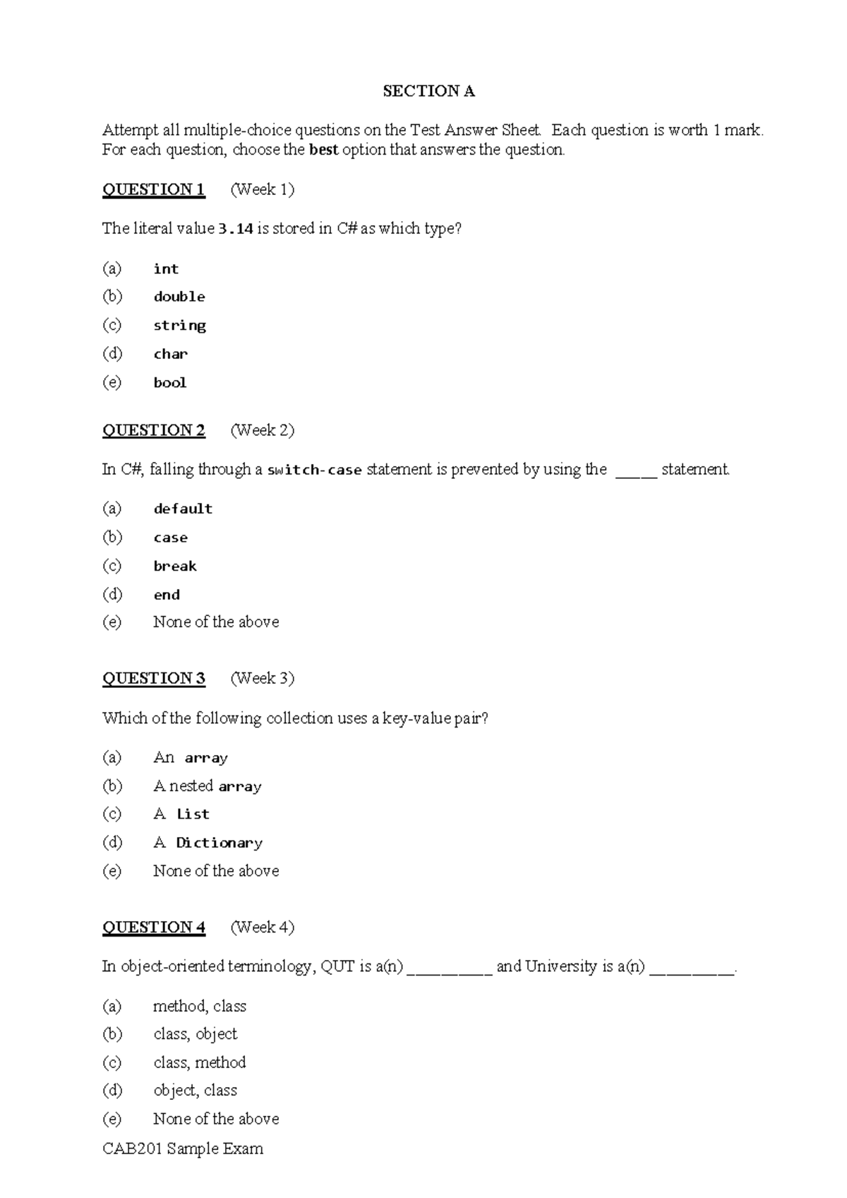 CAB201 Practice Test - Sample Exam Questions and Answers - Studocu