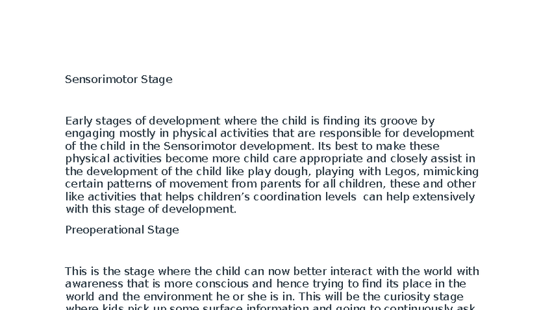 Assignment 2: Understanding Sensorimotor & Preoperational Stages - Studocu