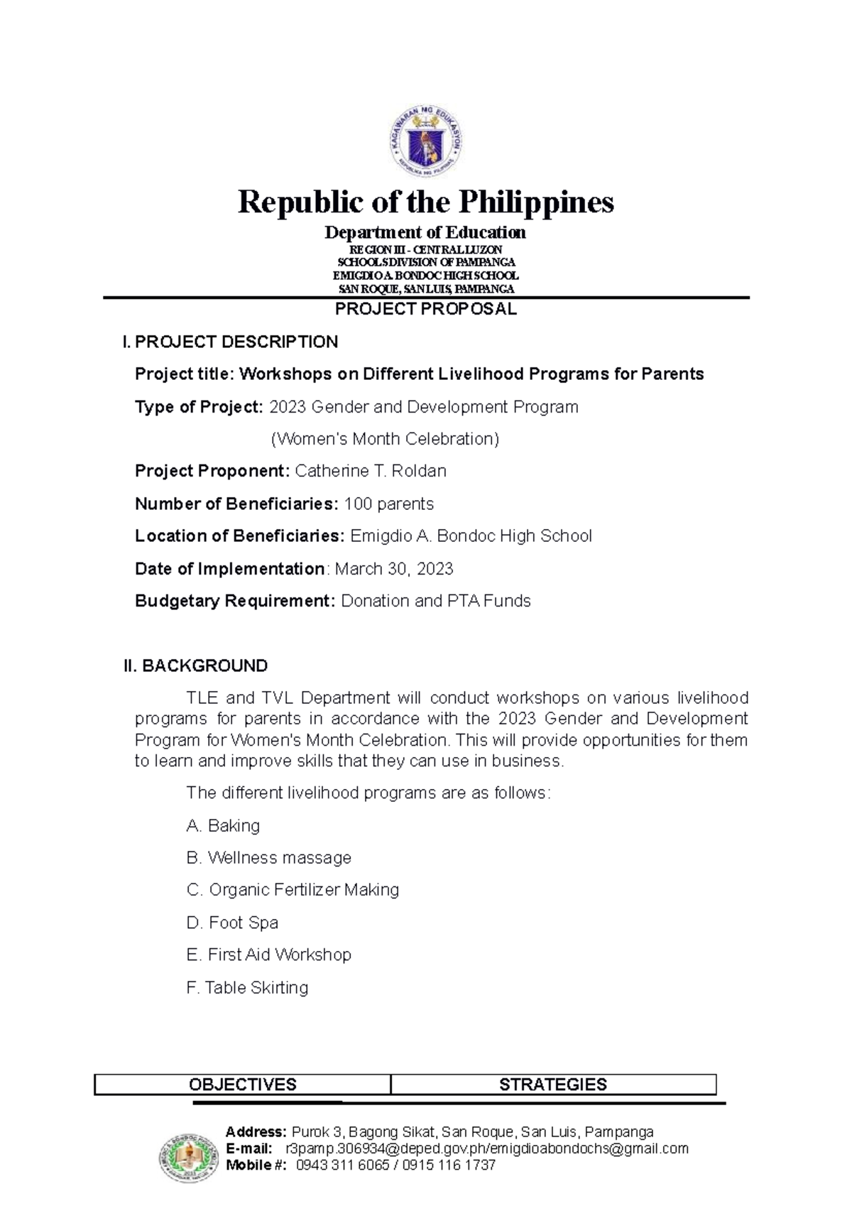 Proposal for Livelihood Workshops for Parents - 2023 GAD Program - Studocu