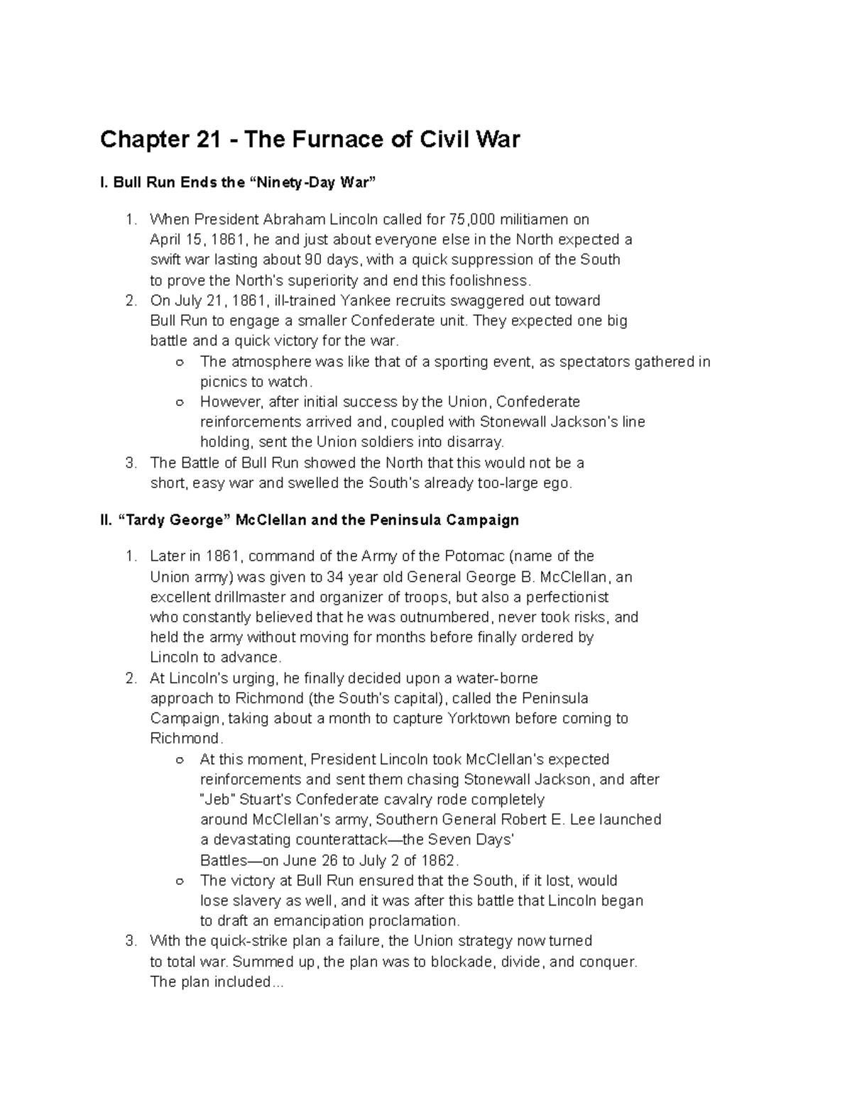 APUSH Chapter 21 - Chapter 21 - The Furnace of Civil War I. Bull Run ...
