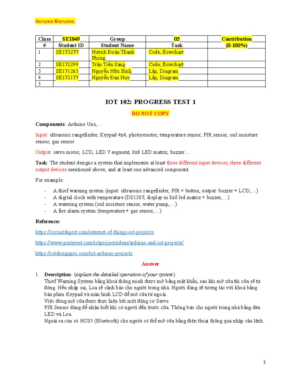 IOT102 - PT1 - Group 05 Project Report on Thief Warning System - Studocu