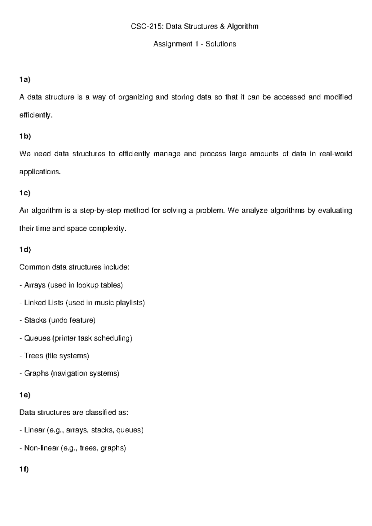CS101: Data Structures Algorithm Assignment 1 Solutions - Studocu