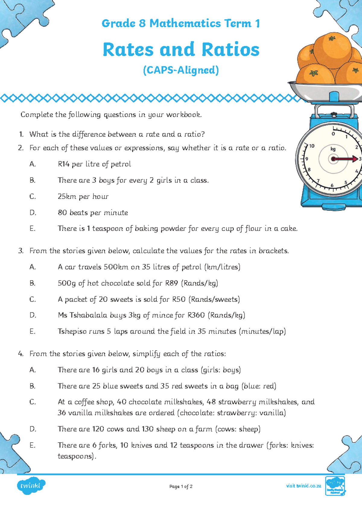 Grade 8 Mathematics Term 1: Rates and Ratios Activity Sheet - Studocu