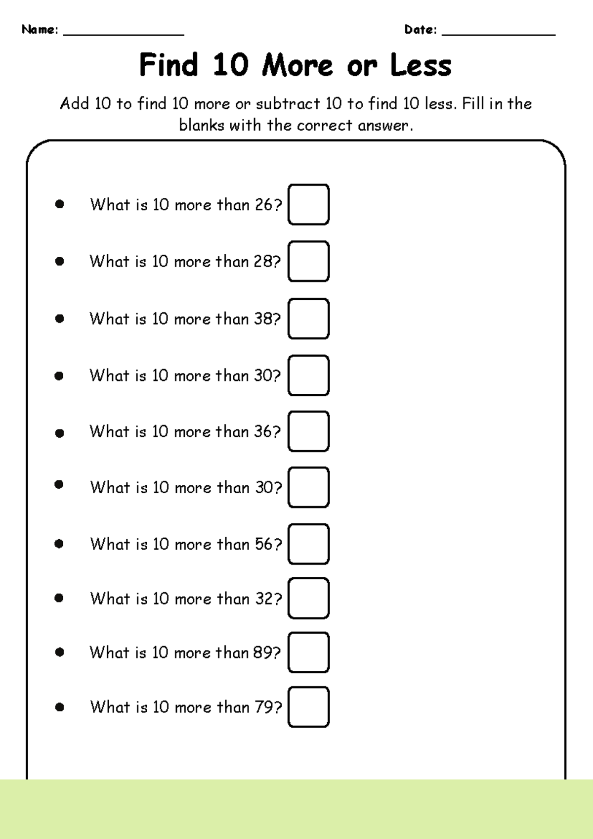 Finding 10 More or Less - 1st Grade Worksheet - What is 10 more than 26 ...