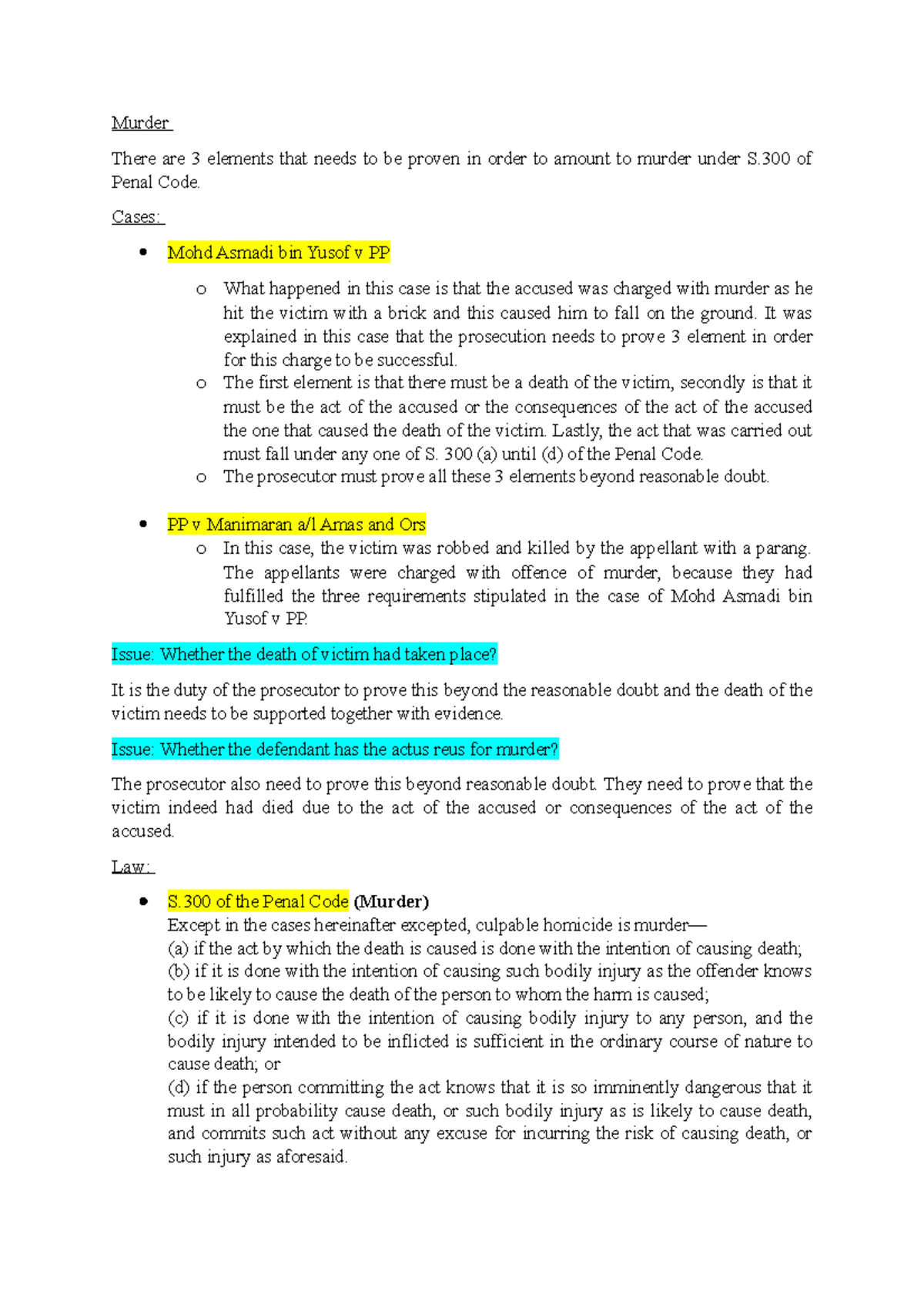 Murder Criminal Law - MMU - Studocu